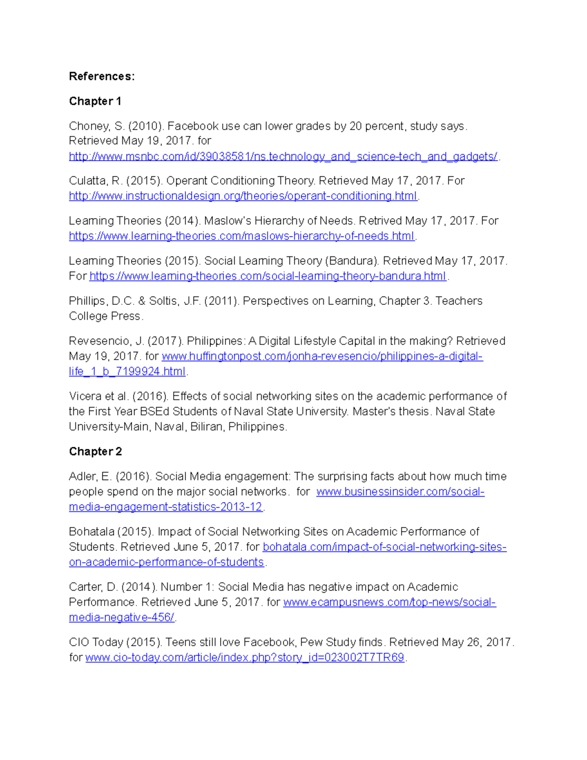 References - References: Chapter 1 Choney, S. (2010). Facebook use can ...