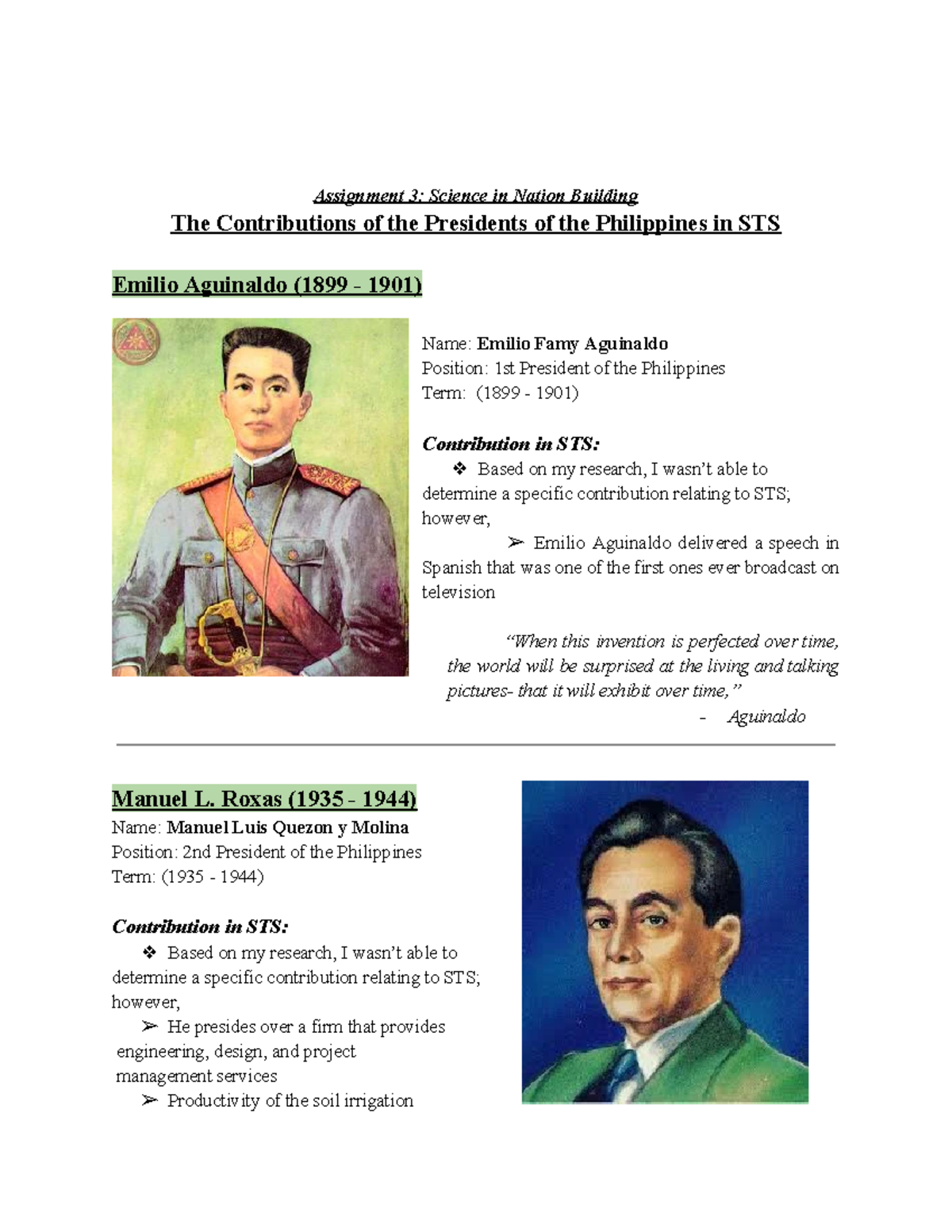 The Contributions of Philippine Presidents in STS - Ayana Izabella A ...