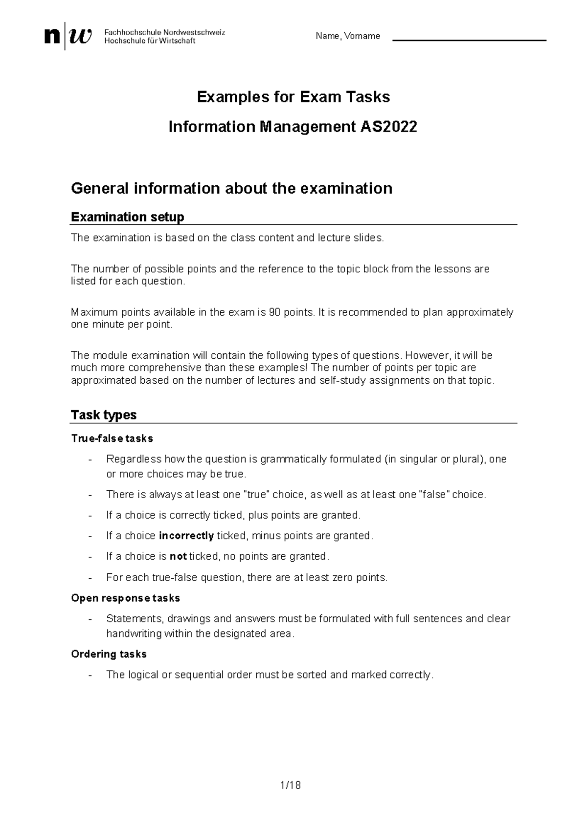 Sample Exam Tasks Information Management AS 22 tasks only - Examples ...