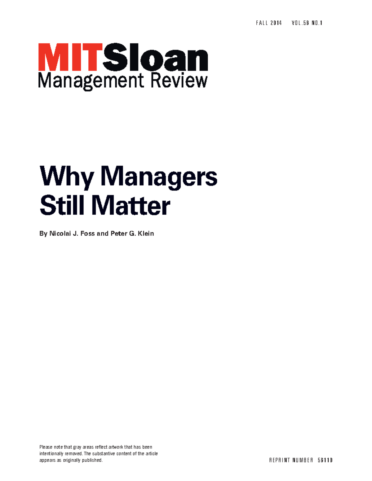 Why Management Still Matters Article MIT Sloan - REPRINT NUMBER 56110 ...