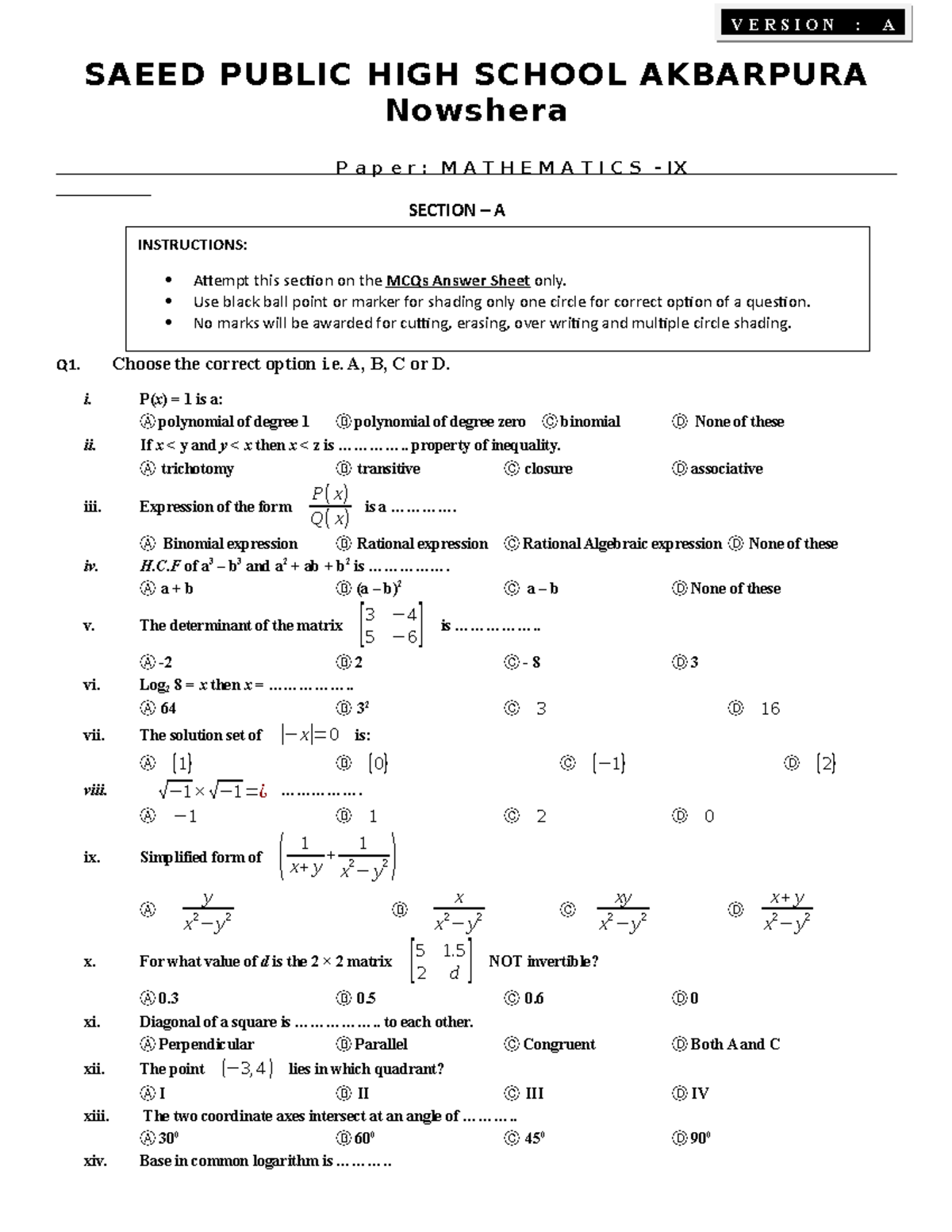 Sample/practice exam 3 April 2015, questions - VERSION : SAEED PUBLIC ...