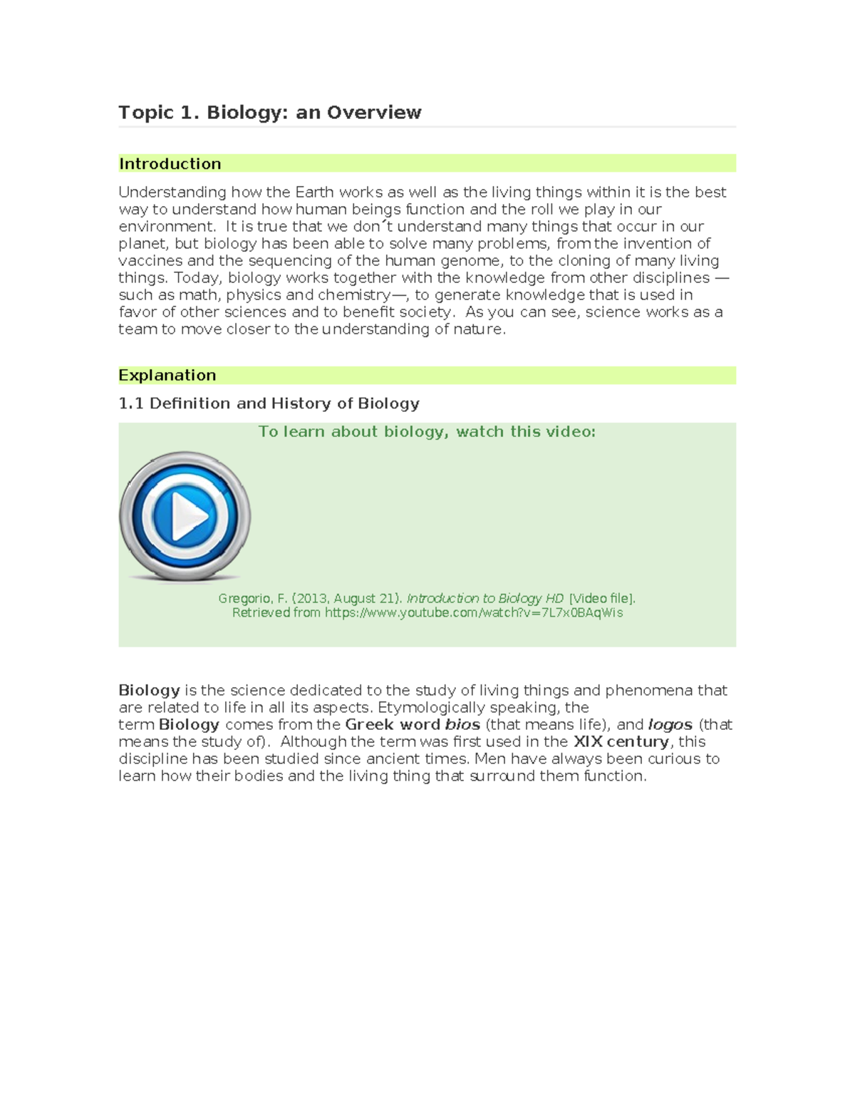 Life science topics - Topic 1. Biology: an Overview Introduction ...