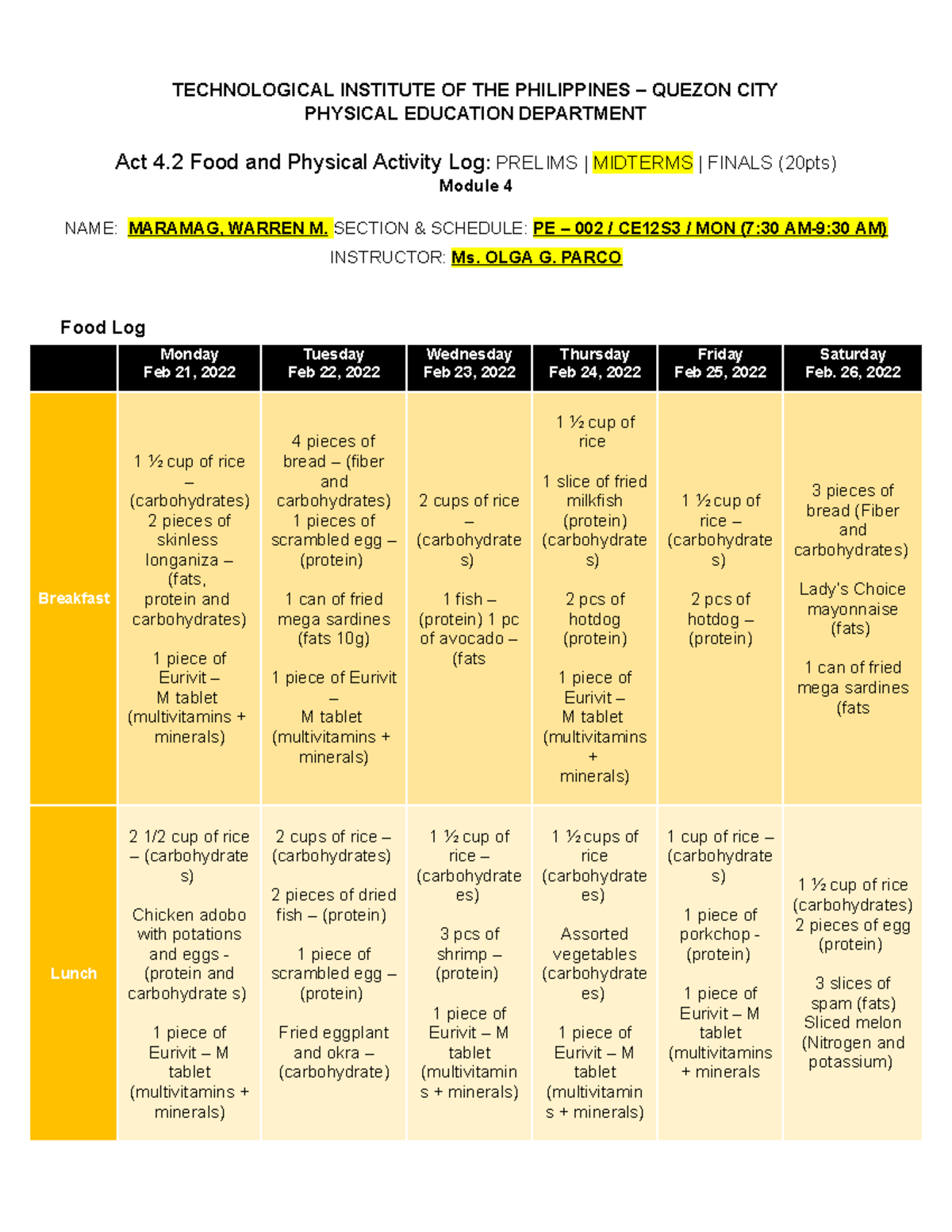 PE002- Pathfit Journal WEEK 4 - Maramag - TECHNOLOGICAL INSTITUTE OF ...