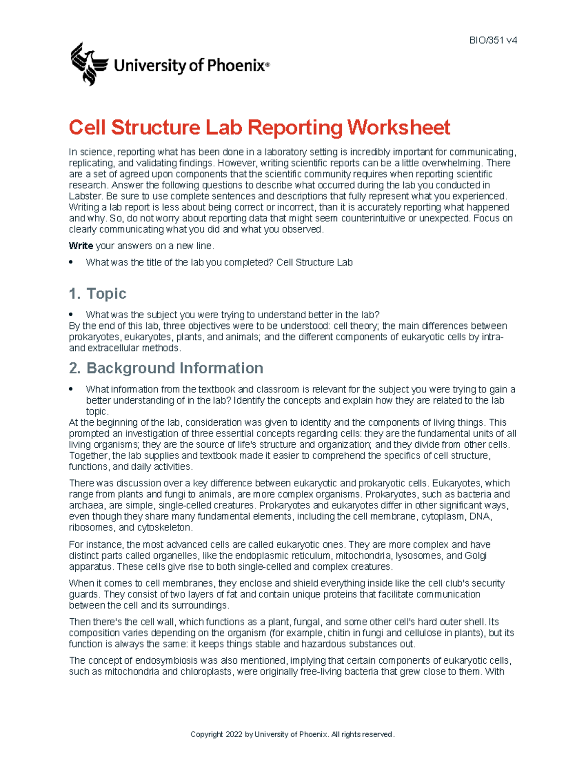 Bio351 v4 wk2 cell structure lab report - BIO/351 v 4 Cell Structure ...