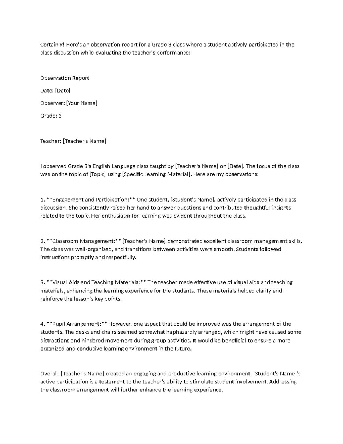 Certainly - kind - Certainly! Here's an observation report for a Grade ...