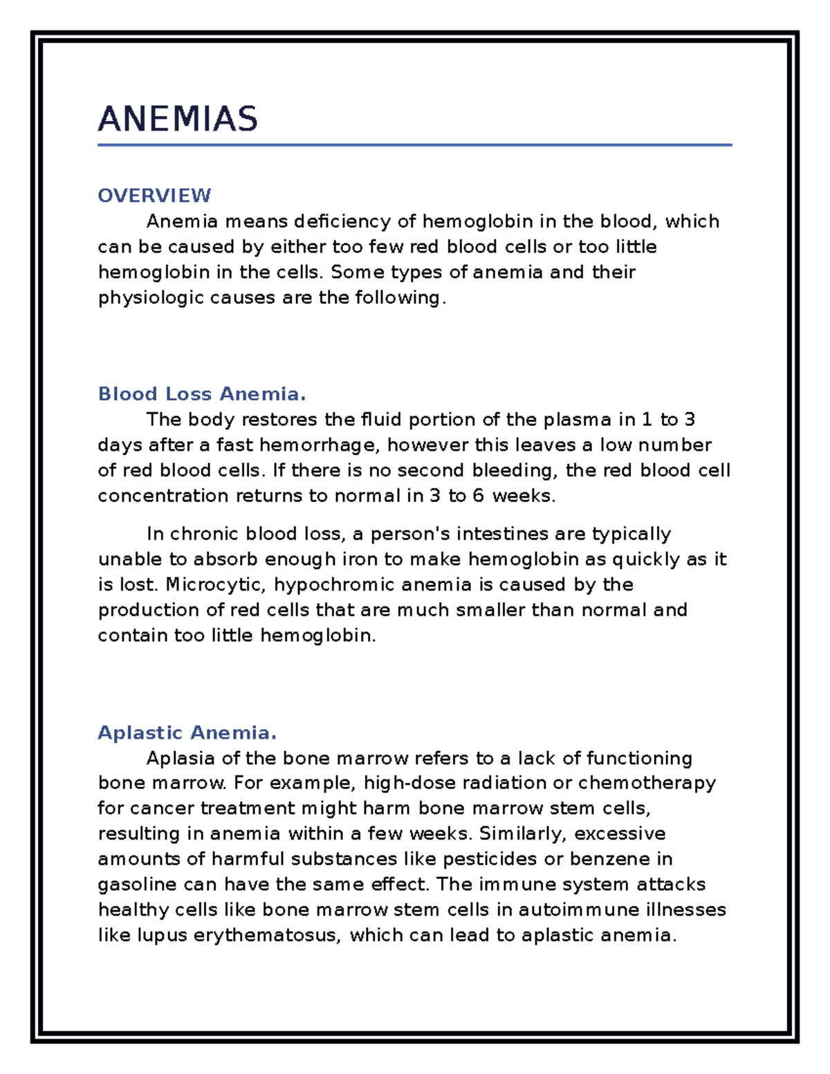 Overview OF Different TYPE OF Anemia - ANEMIAS OVERVIEW Anemia means ...