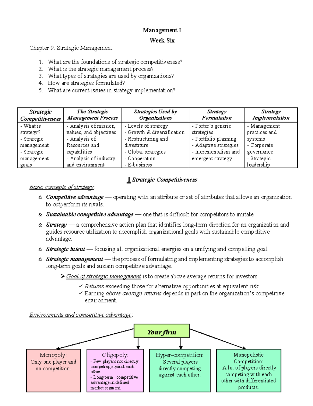 BUS100 Week 6 Ch. 9 lecture - Management I Week Six Chapter 9 ...