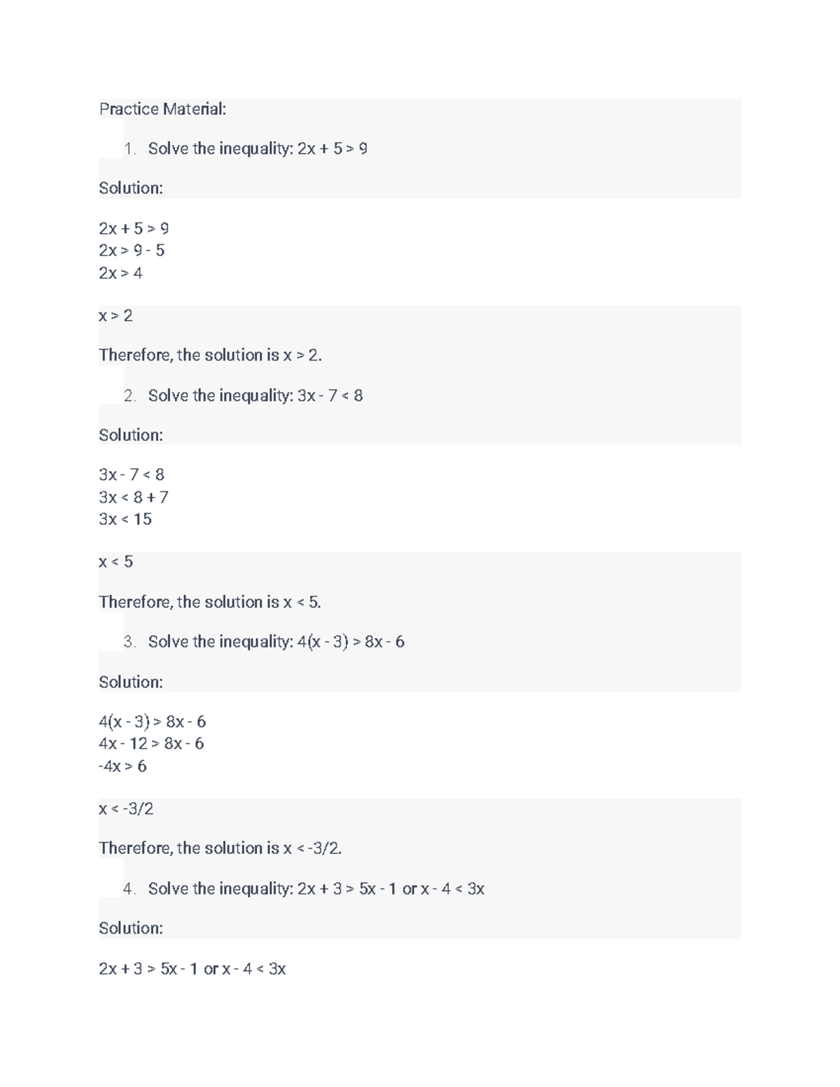 Algebraic inequalities practice - Practice Material: 1. Solve the ...