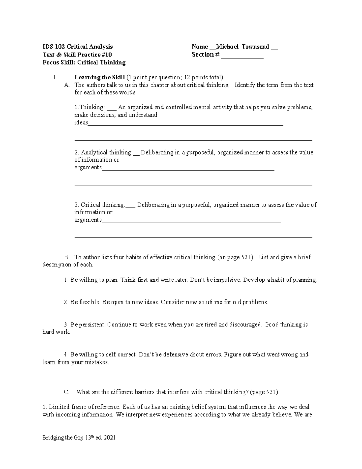 Cha 10 text sheet - course work - IDS 102 Critical Analysis Name ...