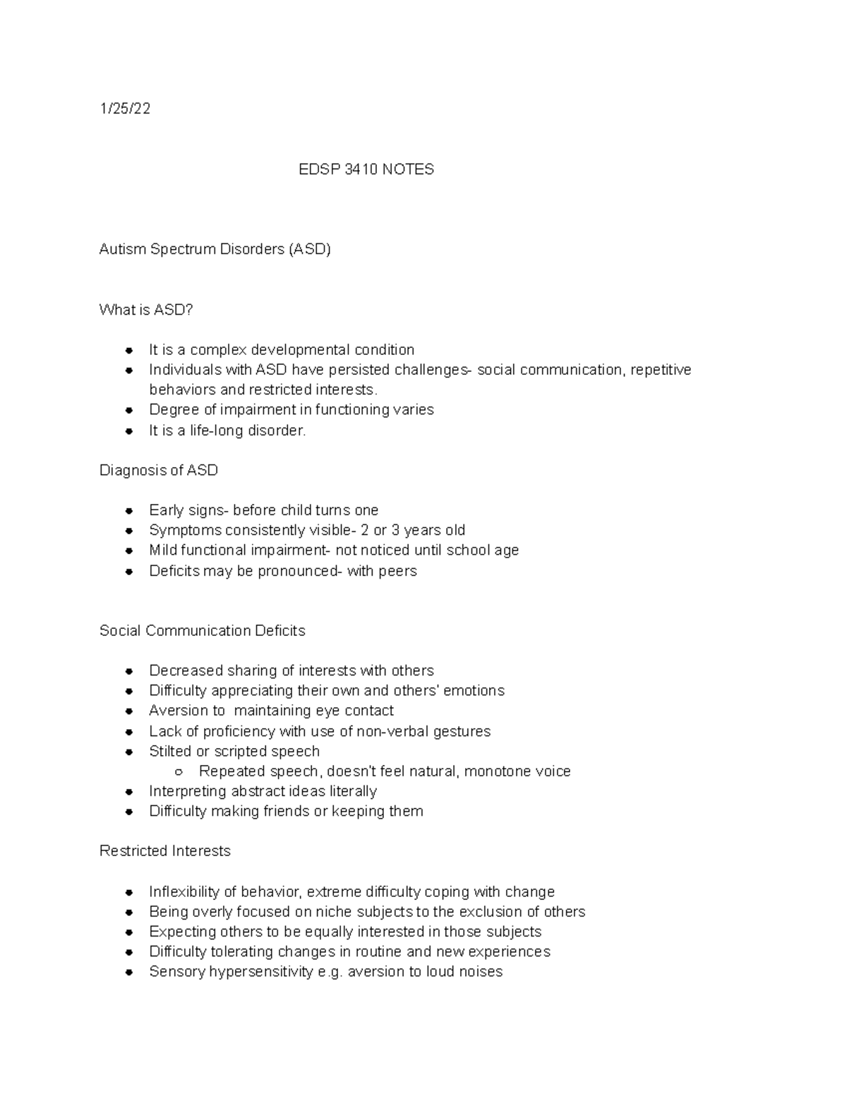 EDSP 3410 Week 1 Notes - 1/25/ EDSP 3410 NOTES Autism Spectrum ...