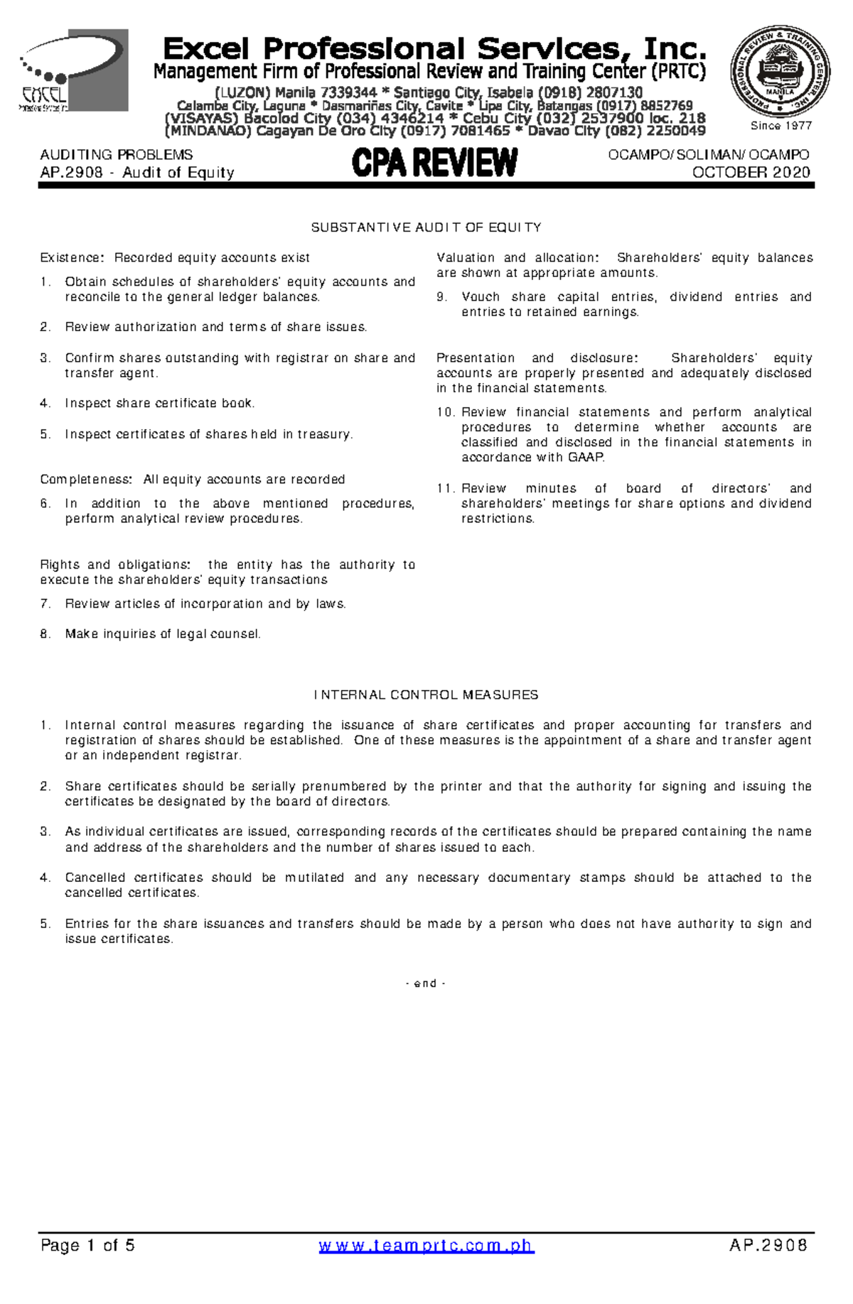 ACT1205 Audit of Equity - AUDI TI NG PROBLEMS OCAMPO/ SOLI MAN/ OCAMPO ...