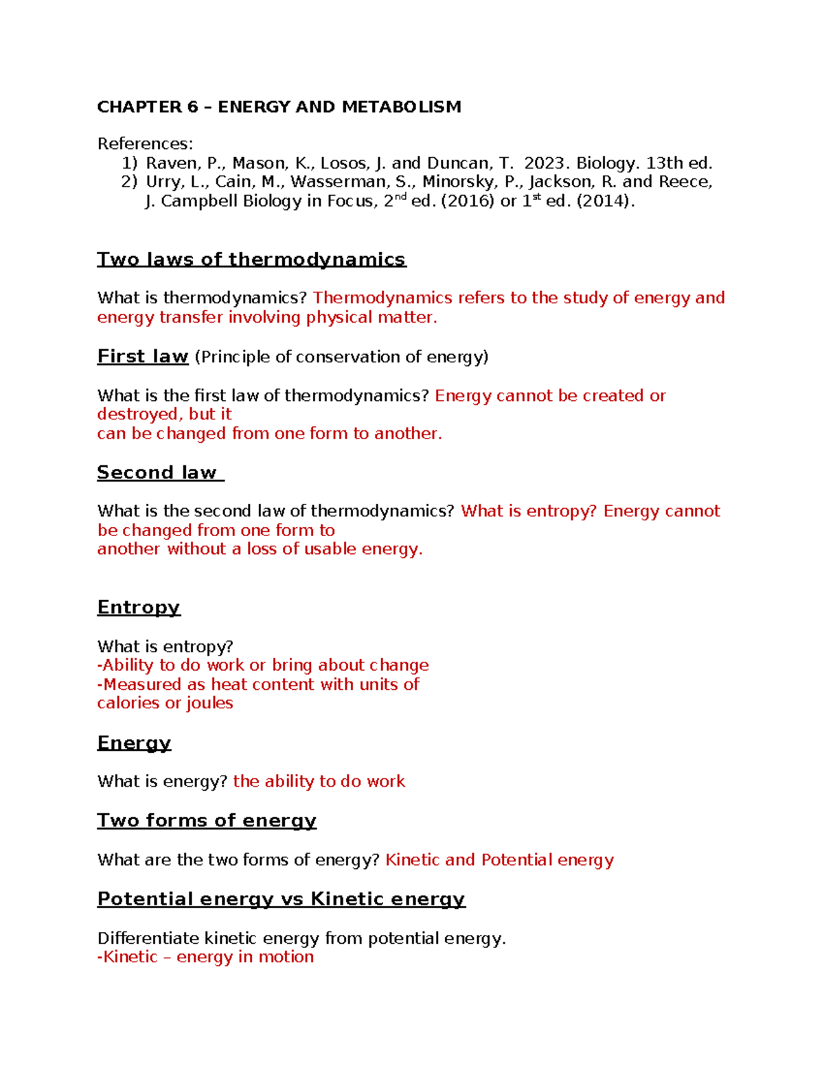 Chapter 6 - Energy and metabolism - References: 1) Raven, P., Mason, K., Losos, J. and Duncan, T ...