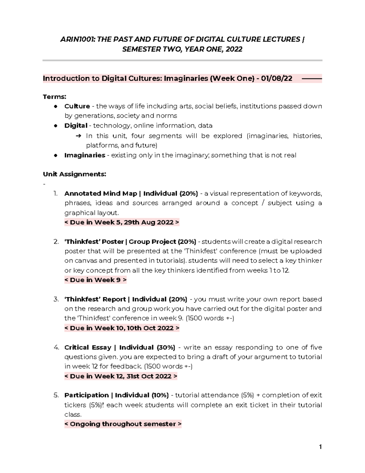 ARIN1001 Lectures - ARIN1001: THE PAST AND FUTURE OF DIGITAL CULTURE ...