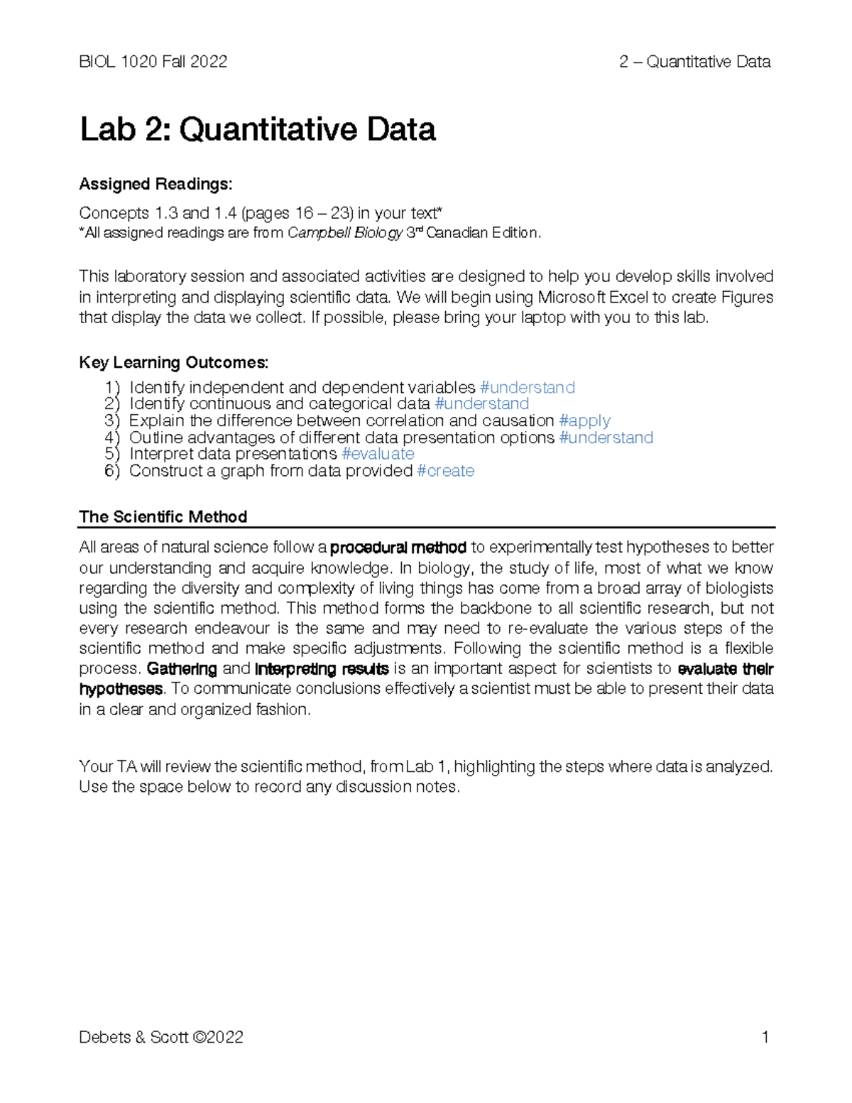 BIOL 1020 Lab 2 Handout - Lab 2: Quantitative Data Assigned Readings: Concepts 1 and 1 (pages 16 ...