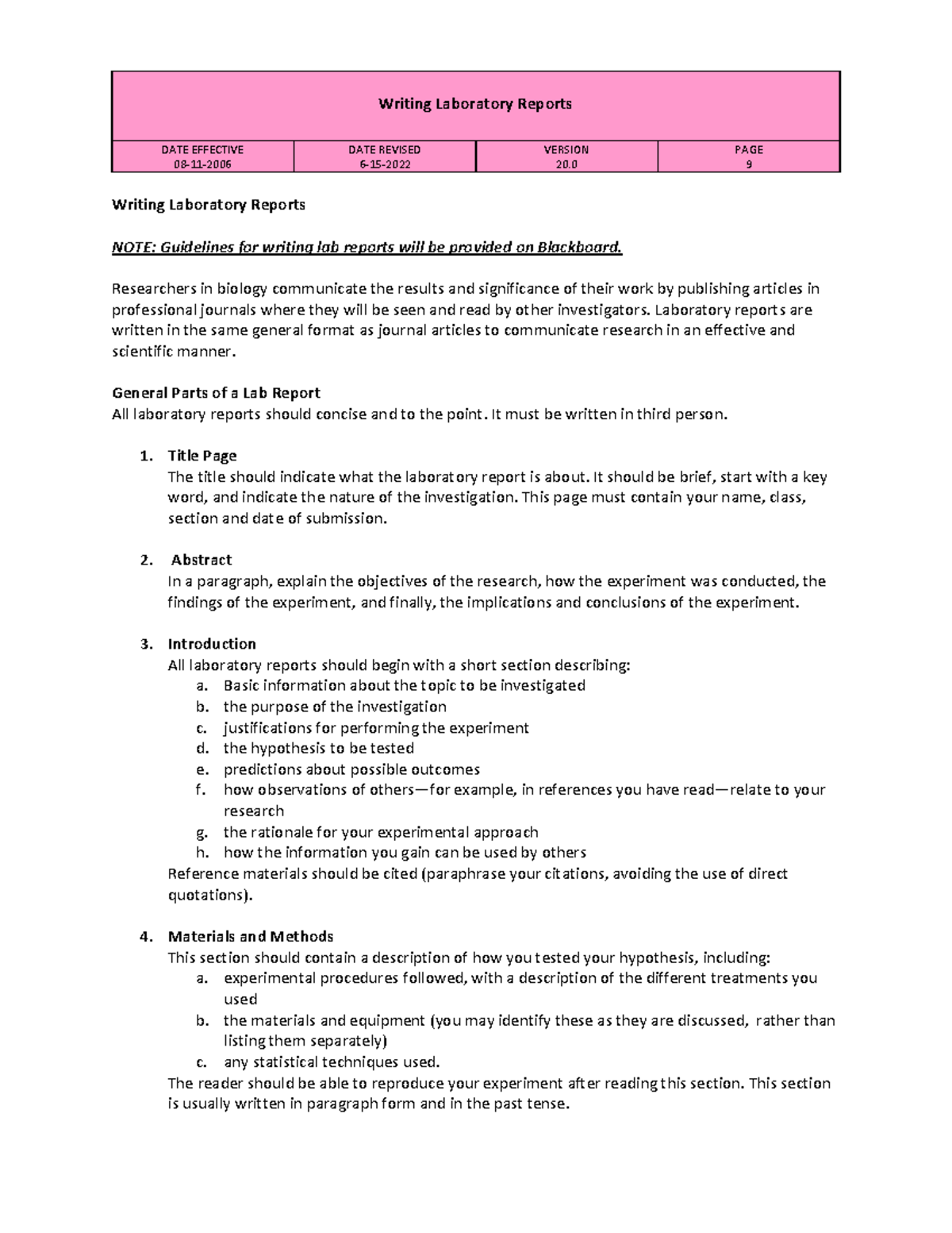 Writing Lab Reports - Writing Laboratory Reports DATE EFFECTIVE 08 - 11 ...