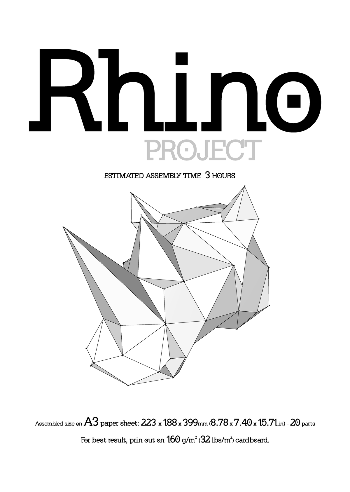 cabeza rinoceronte - Rhino PROJECT Assembled size on A3 paper sheet: 223 x 188 x 399 mm (8 x 7 x ...