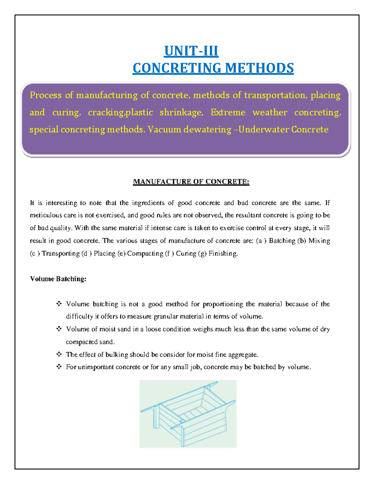 ACT UNIT -3 - nil - UNIT-III CONCRETING METHODS MANUFACTURE OF CONCRETE ...