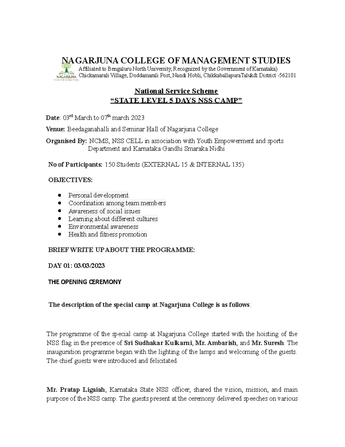 Special camp report - NAGARJUNA COLLEGE OF MANAGEMENT STUDIES ...