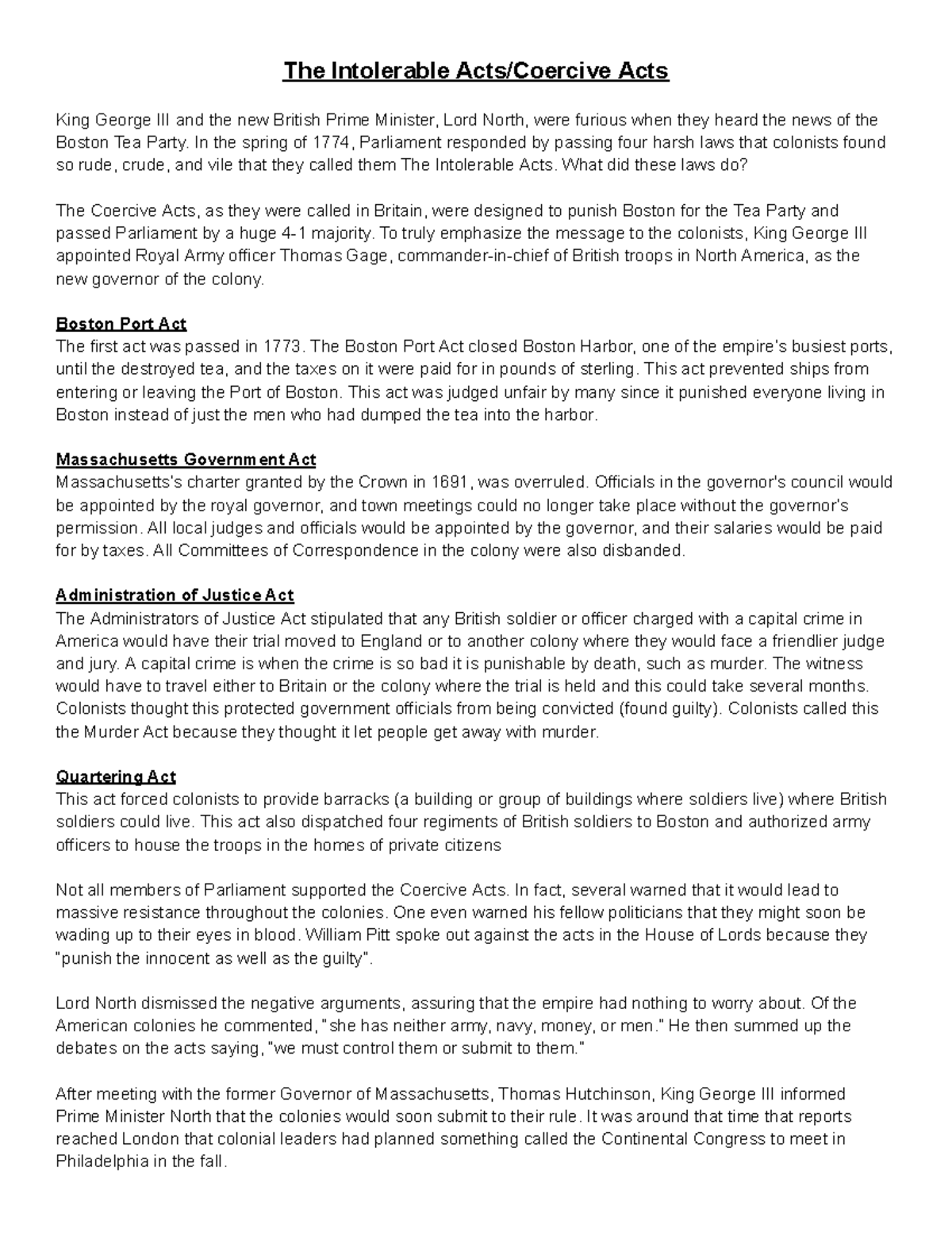 The Intolerable Acts Reading - The Intolerable Acts/Coercive Acts King ...