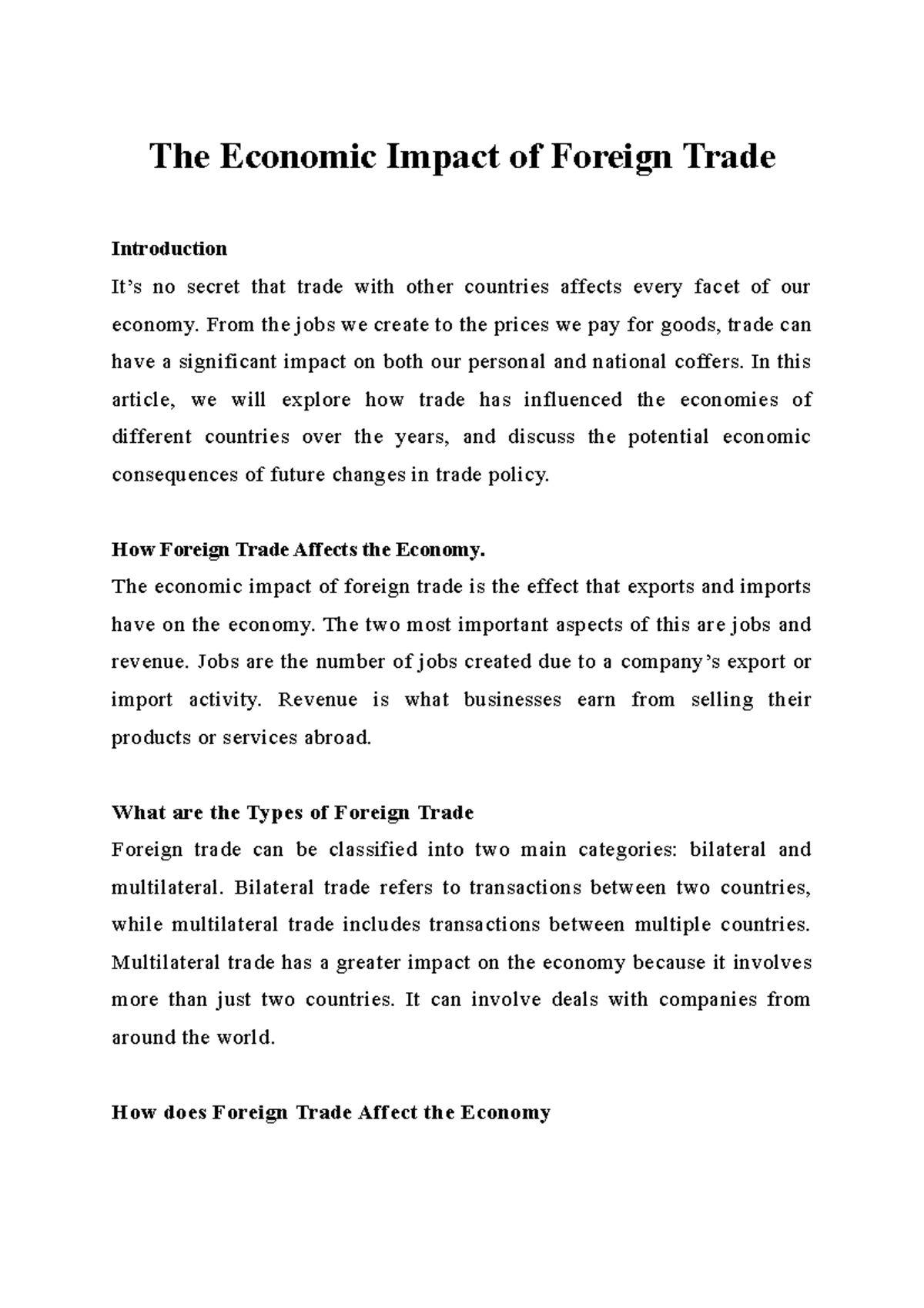 The Economic Impact of Foreign Trade - The Economic Impact of Foreign ...