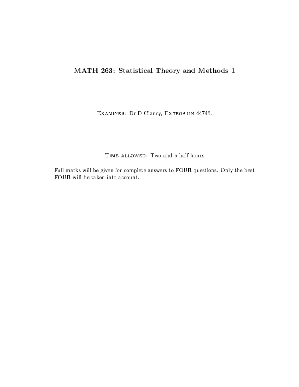 Exam May 2011, questions and answers - Exam with solutions - MATH 263: Statistical Theory and ...