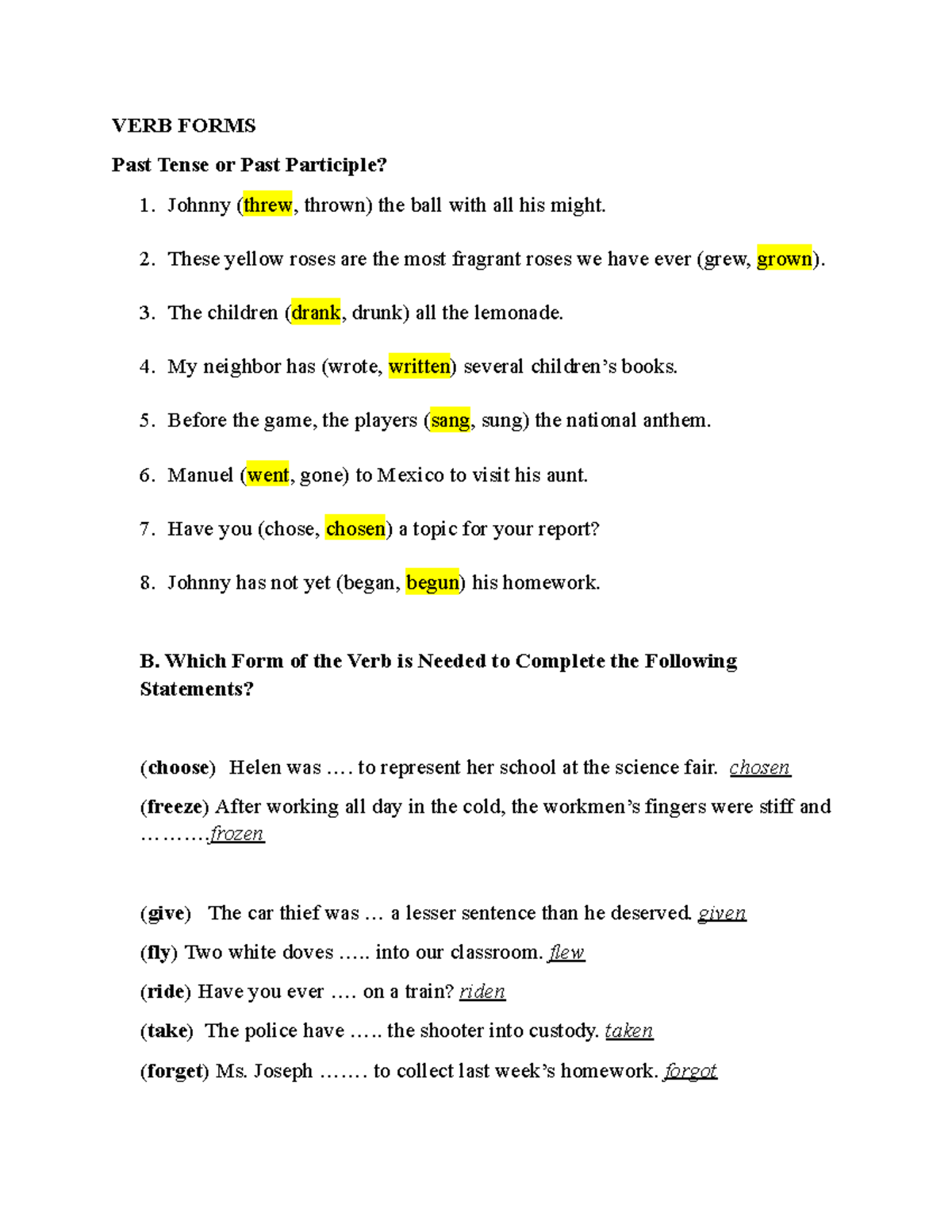 VERB Forms 2 VERB FORMS Past Tense Or Past Participle 1 Johnny