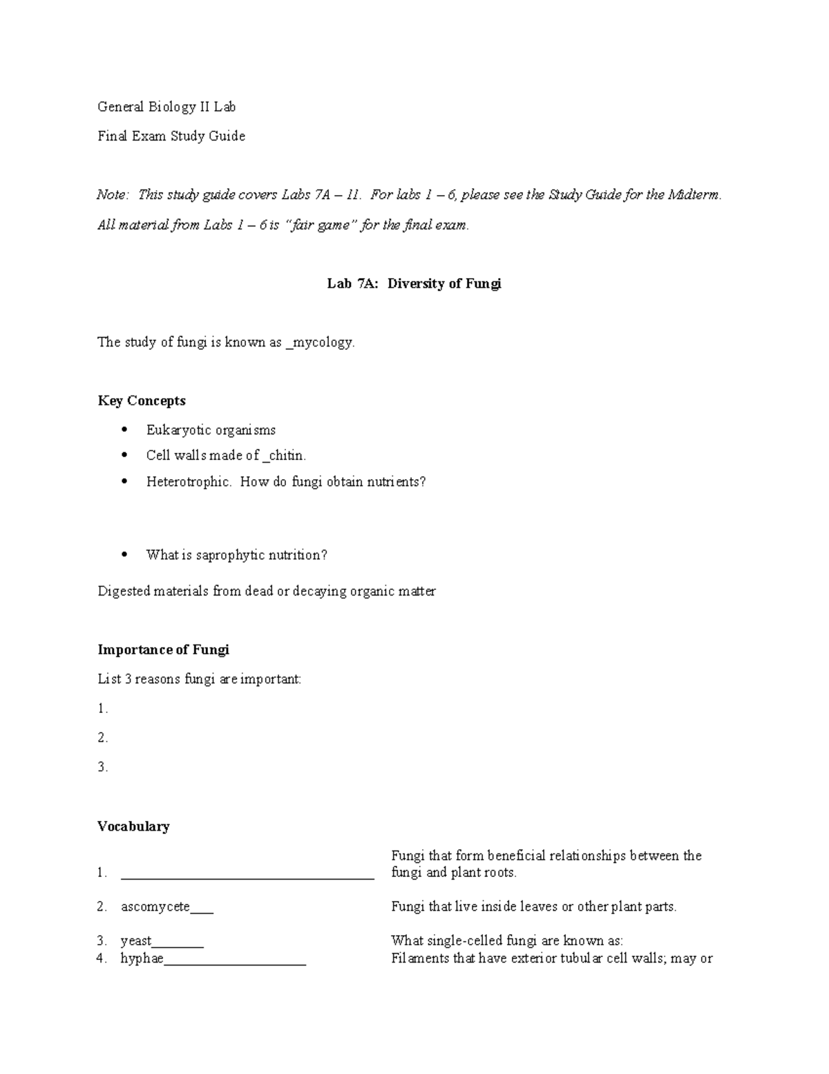 Spring 2020 Final Exam Study Guide - General Biology II Lab Final Exam ...