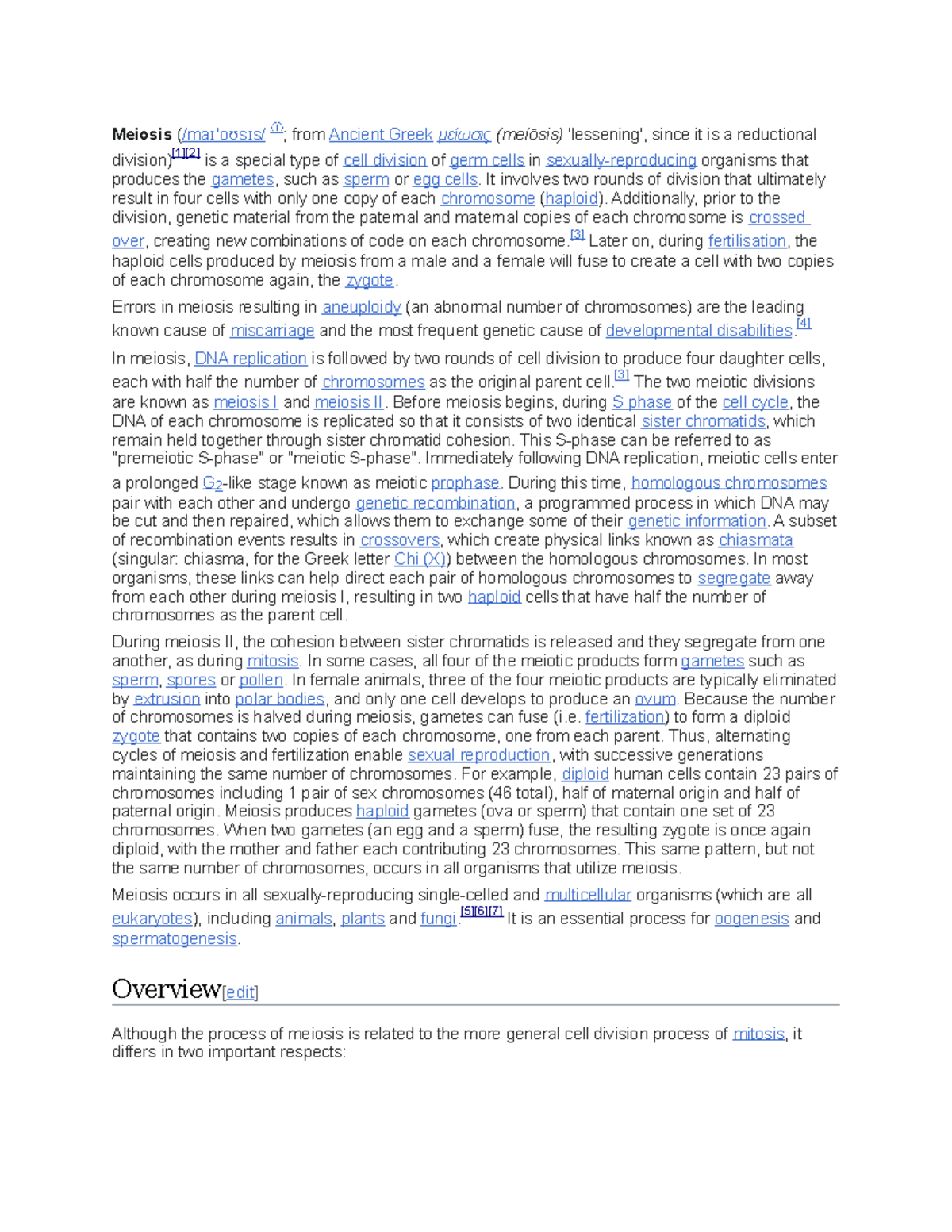 Mitosis Meiosis - Meiosis (/ma ɪˈ ʊ ɪo s s/ ⓘ; from Ancient Greek ...