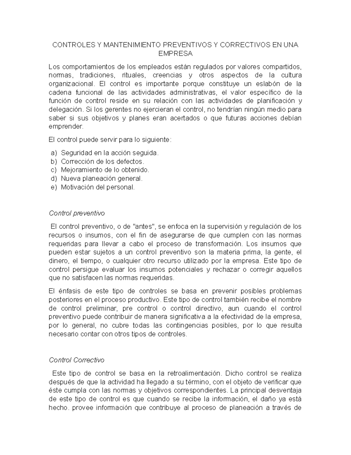 Controles Y Mantenimiento - CONTROLES Y MANTENIMIENTO PREVENTIVOS Y ...