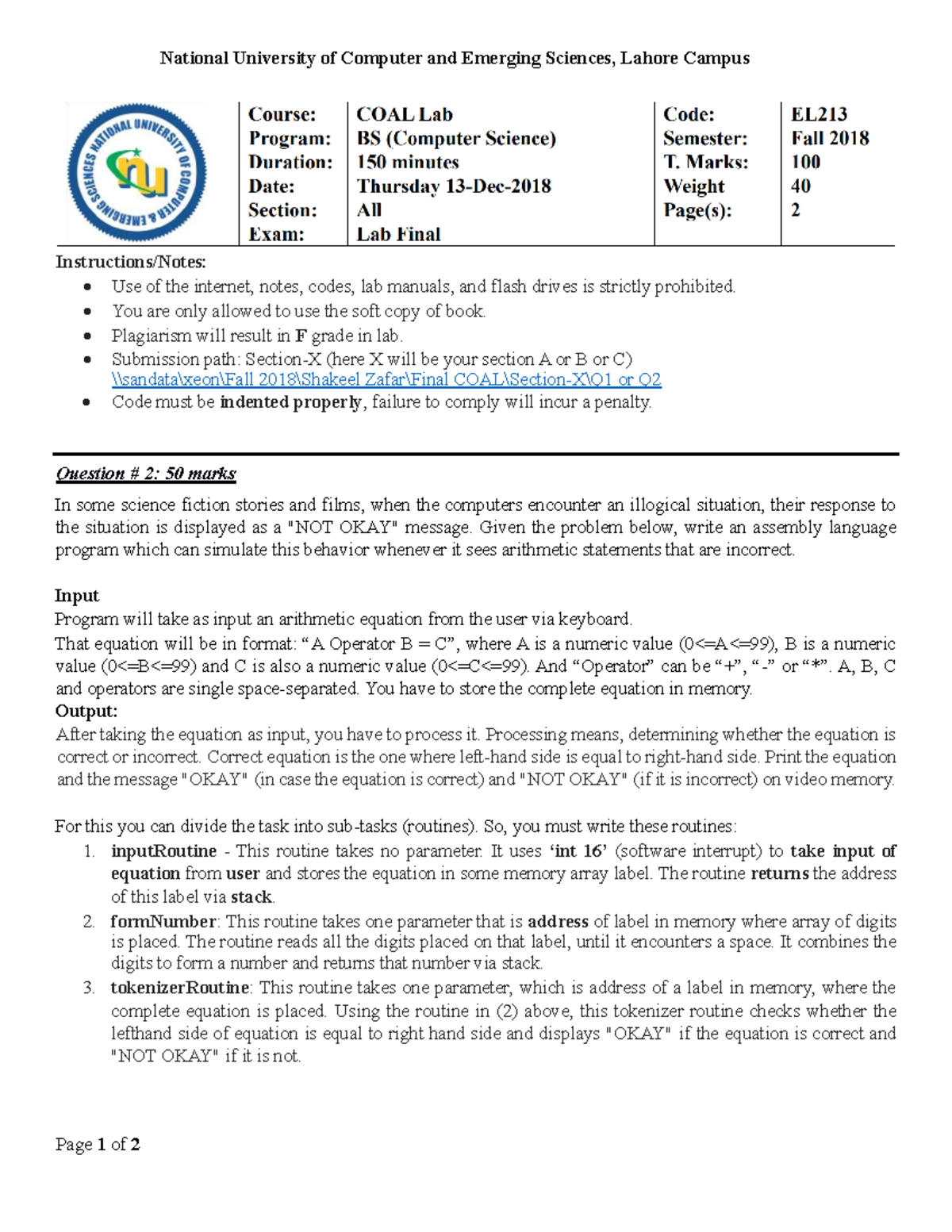 2018 Fall Final - Page 1 of 2 National University of Computer and ...