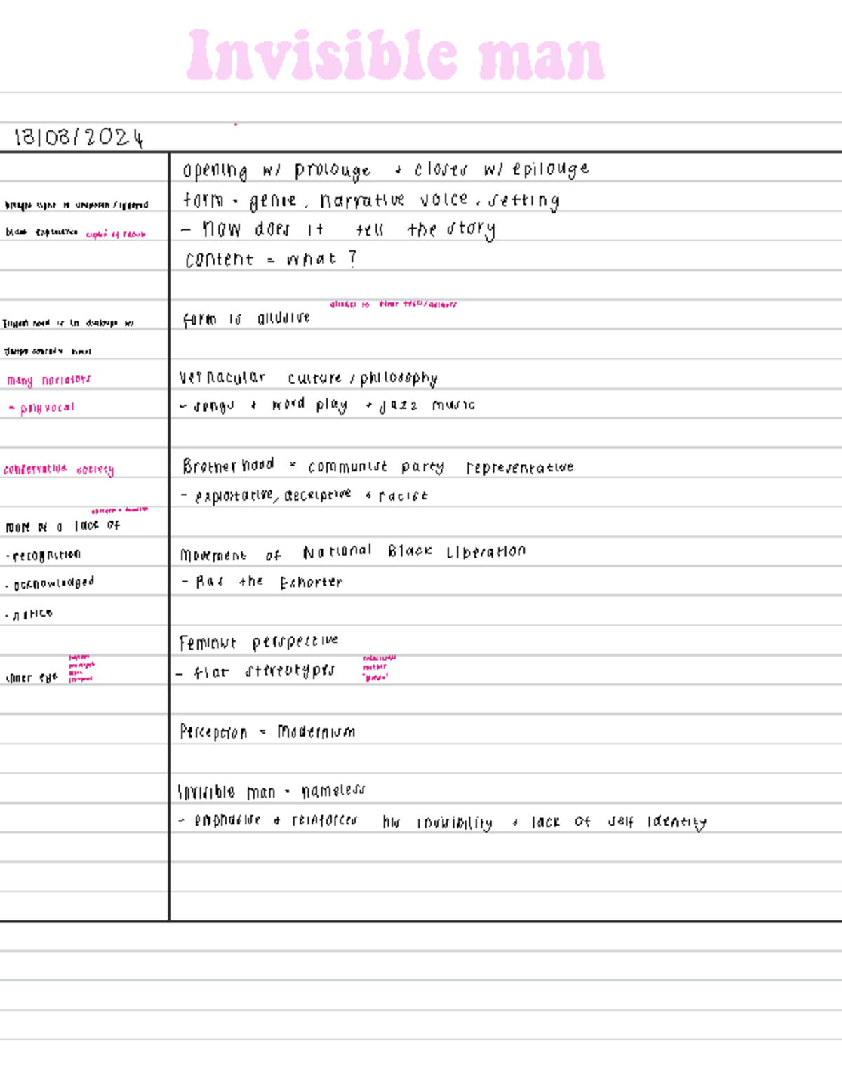 ENG class notes - Invisible man 13103/ ####### opening w/ prolonge I ...