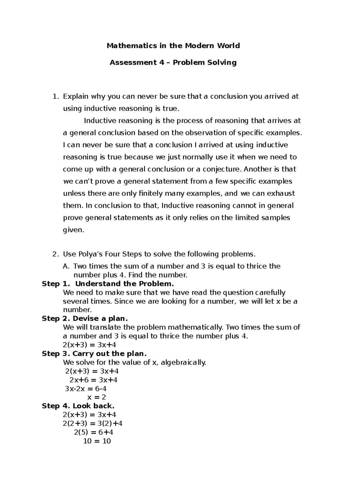 MMW Lesson 3 Problem Solving - Mathematics in the Modern World Assessment 4 – Problem Solving ...