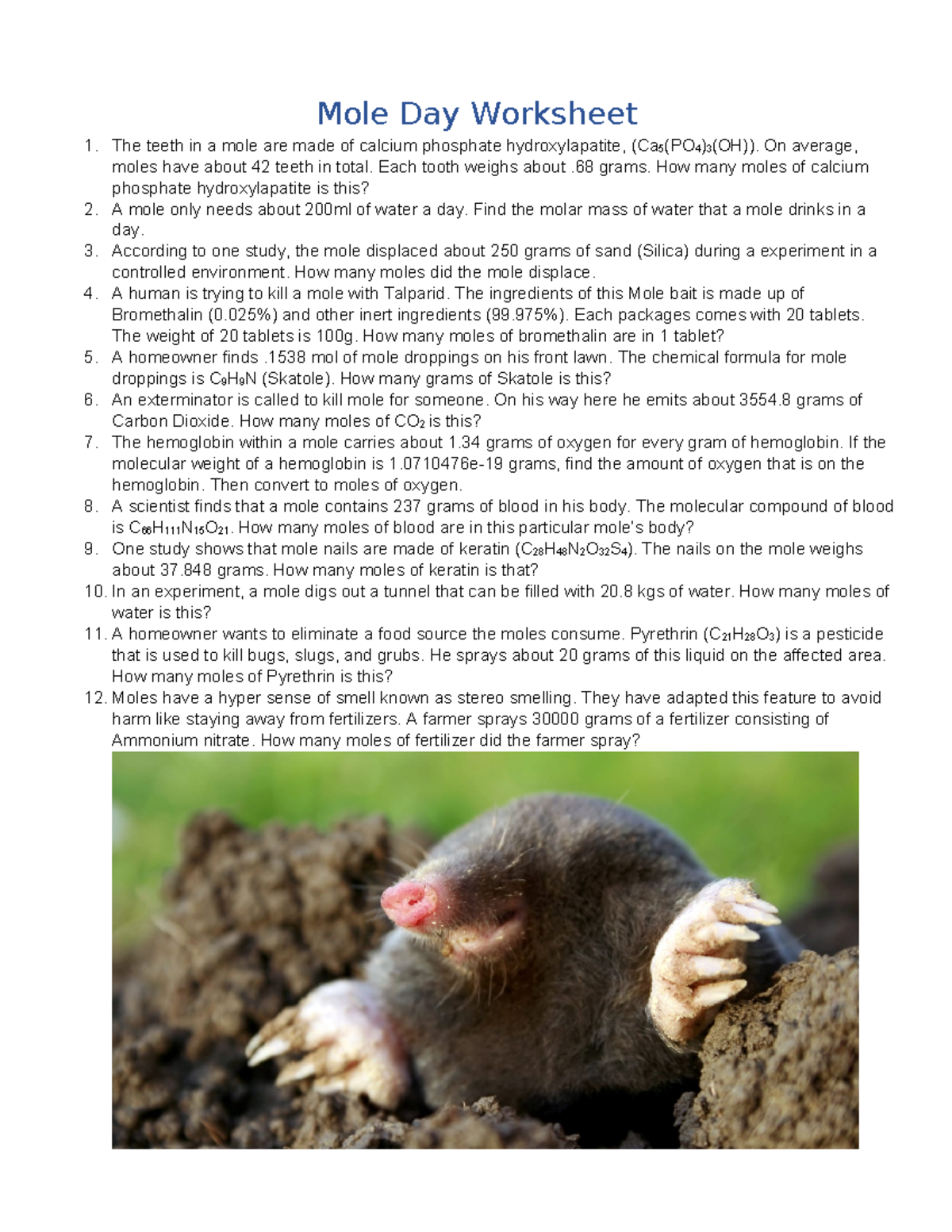 Mole Day project - worksheet - Mole Day Worksheet The teeth in a mole ...