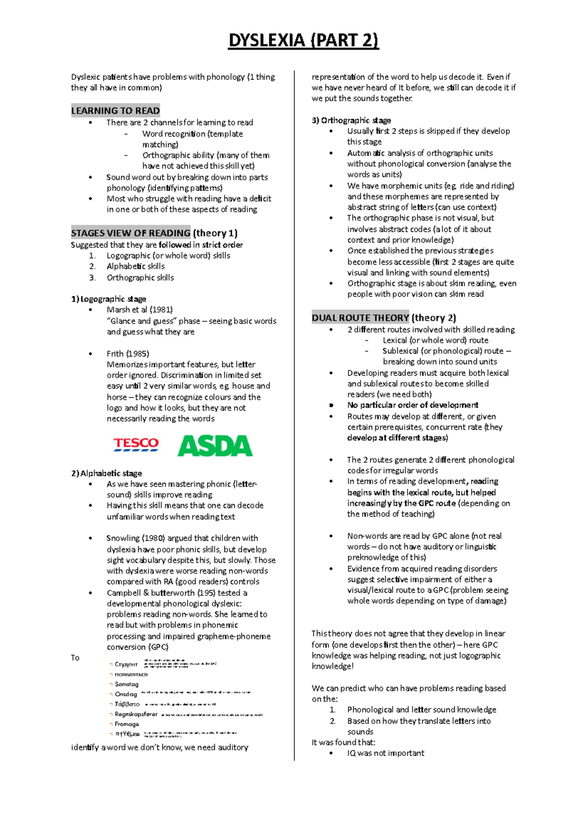6 - Dyslexia part 2 - Lecture notes 6 - Dyslexic patients have problems ...