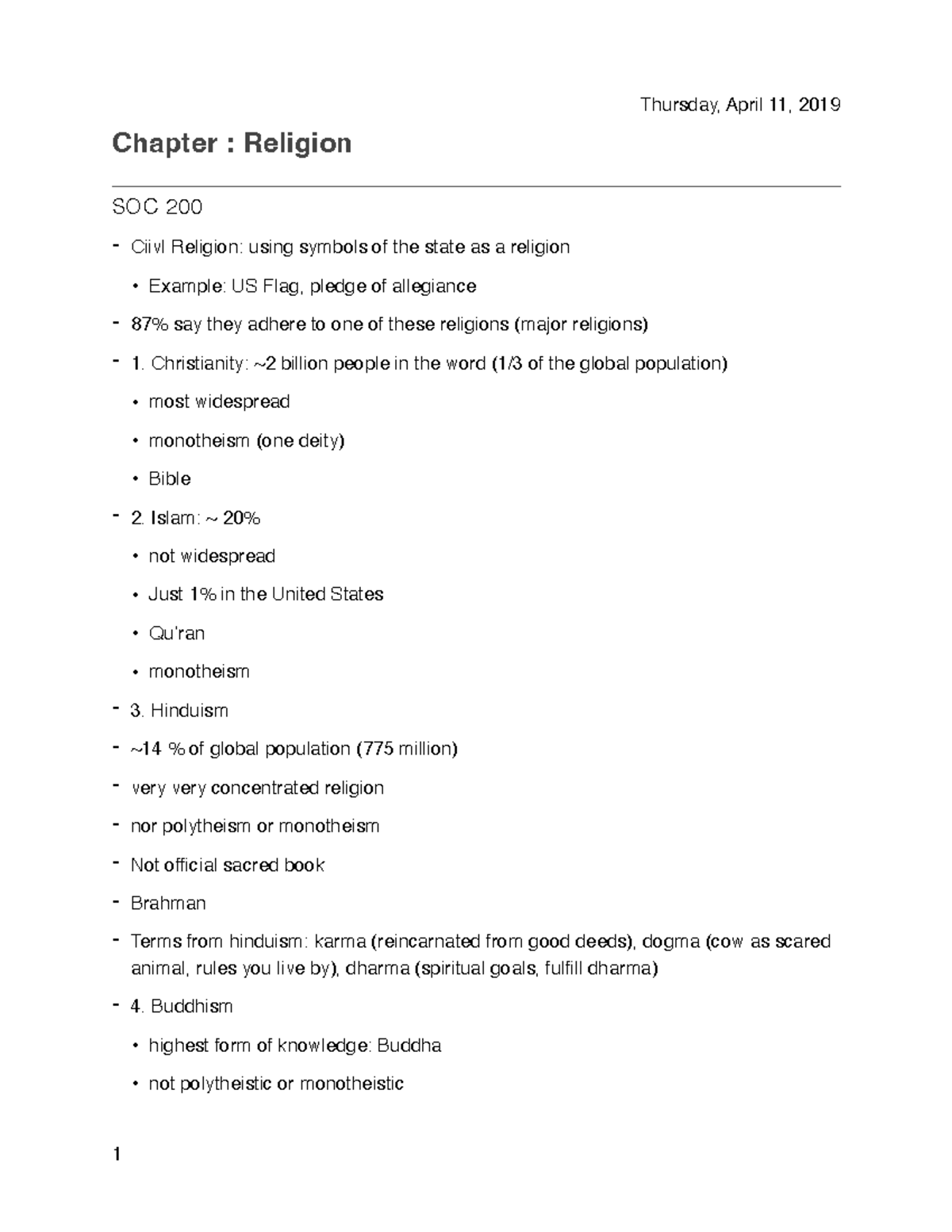 Chapter 16 (Sociology) - Thursday, April 11, 2019 Chapter : Religion ...