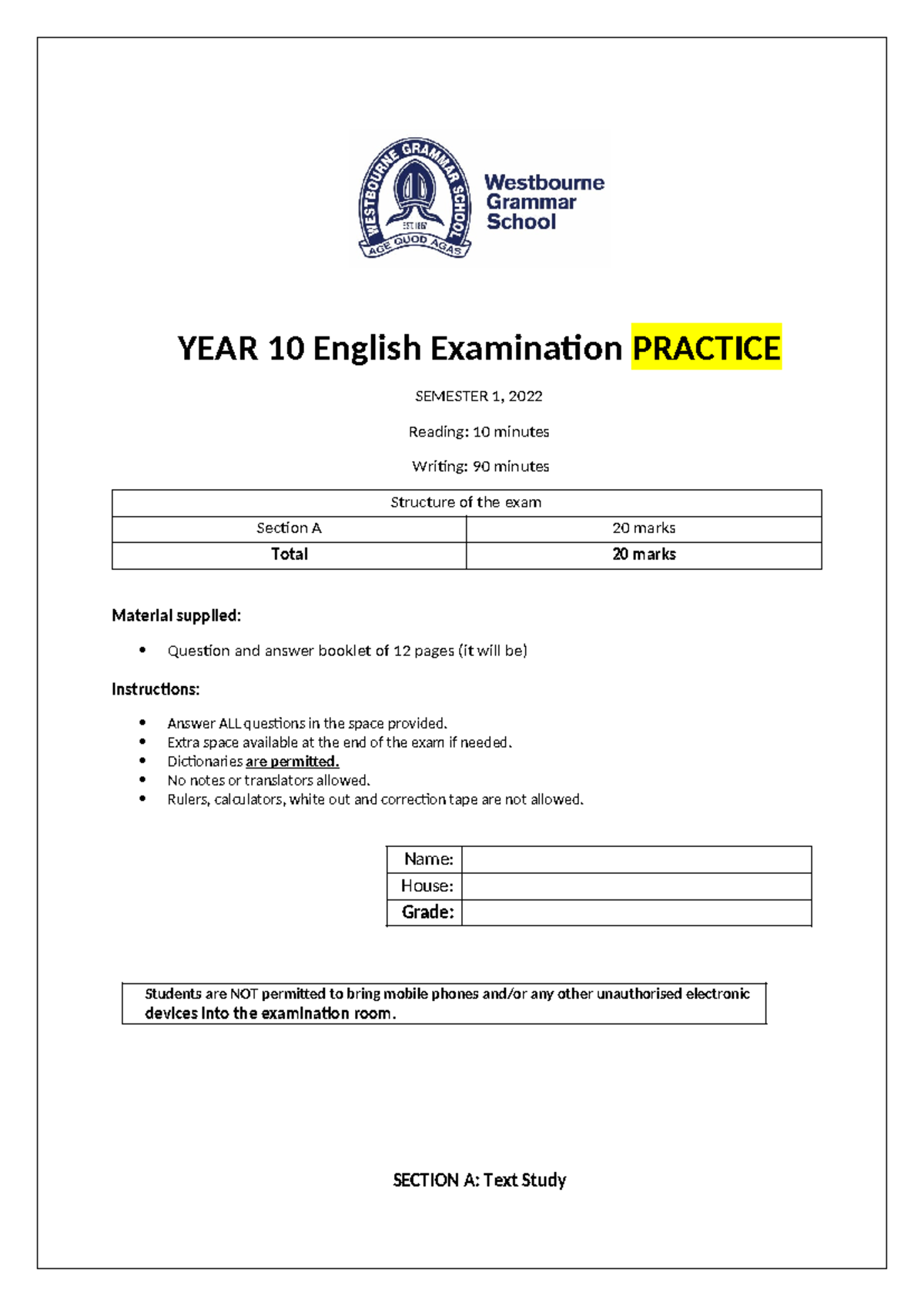 Year 10 English Semester 1 Practice Exam 2022 - YEAR 10 English ...