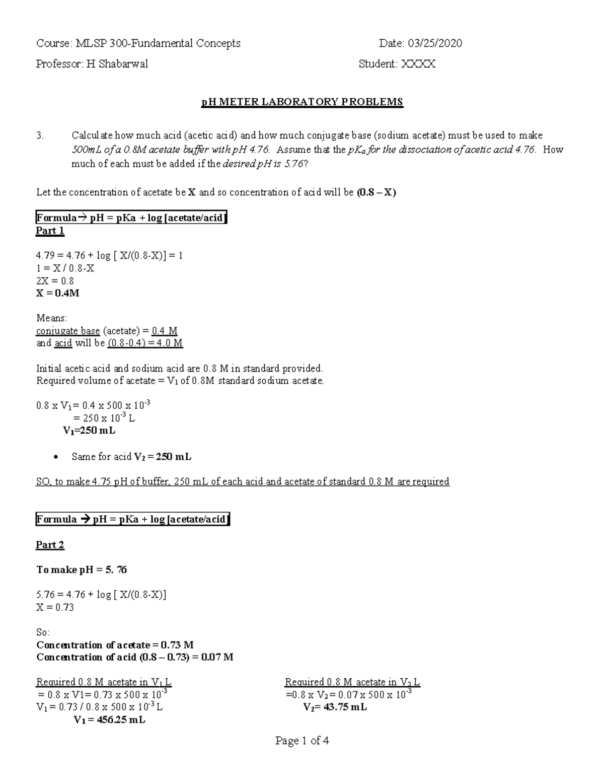 pH METER LABORATORY PROBLEMS - Course: MLSP 300-Fundamental Concepts ...