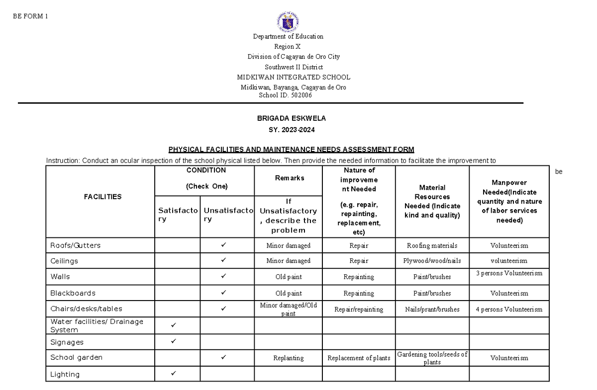 BS-Form 1 - Summary Education - BE FORM 1 Department of Education ...