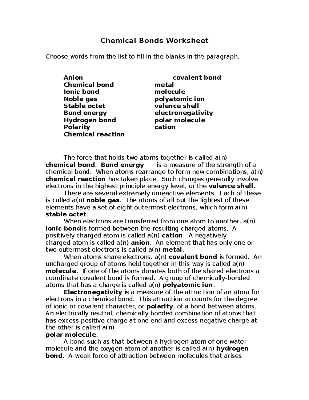 Chemical Bonds review KEY - Chemical Bonds Worksheet Choose words from ...