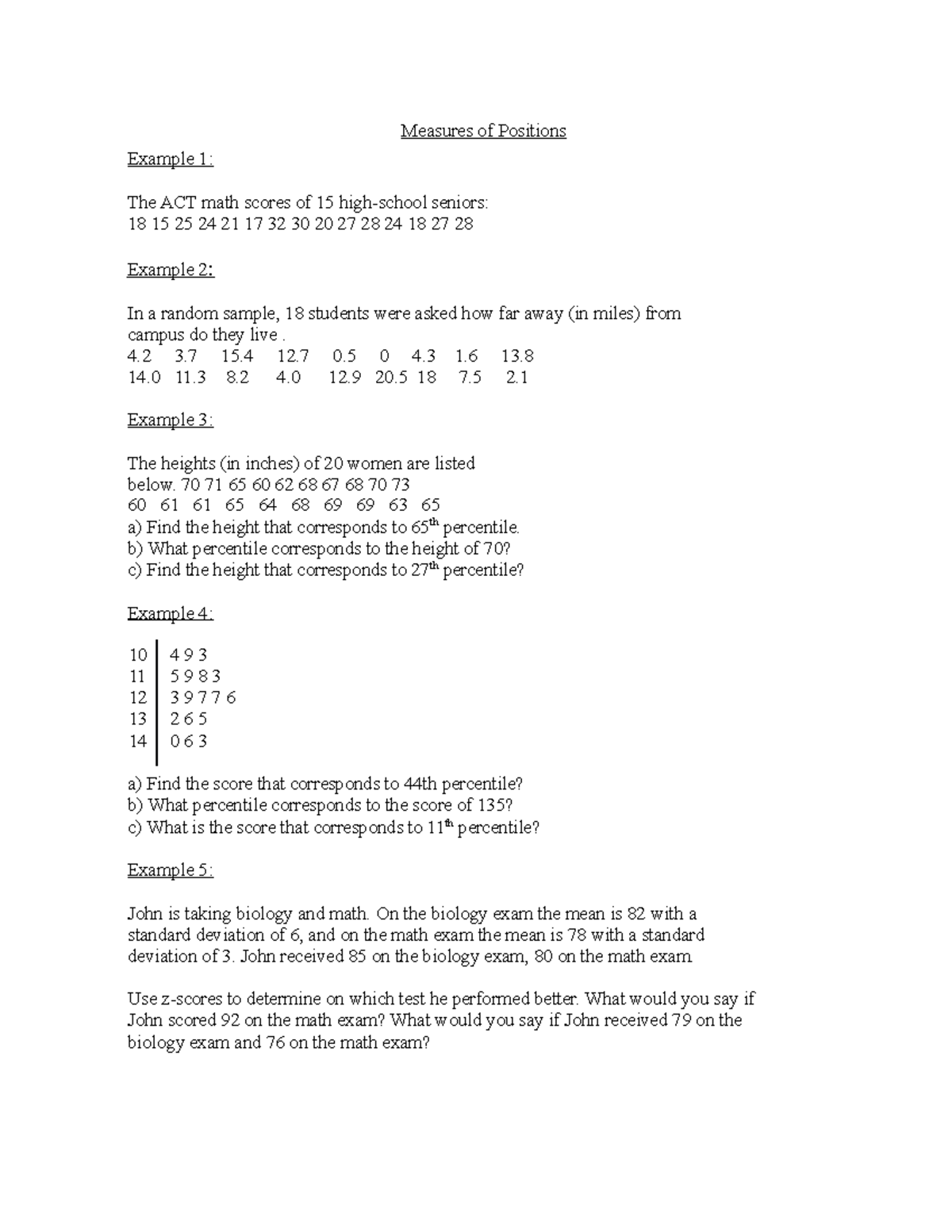 Measures of Position - This is coursework for Survey Of Statistics. It ...