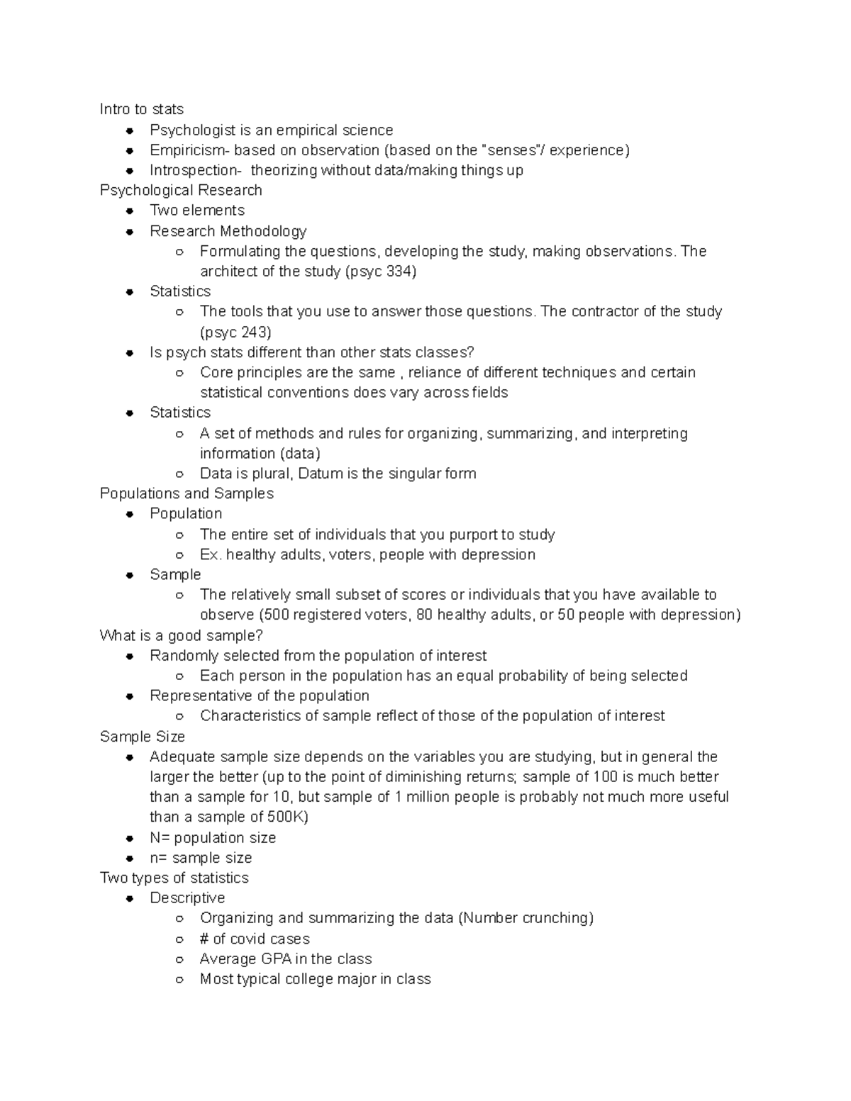 Psych Stats Test 1 Lecture Notes - Intro to stats Psychologist is an ...