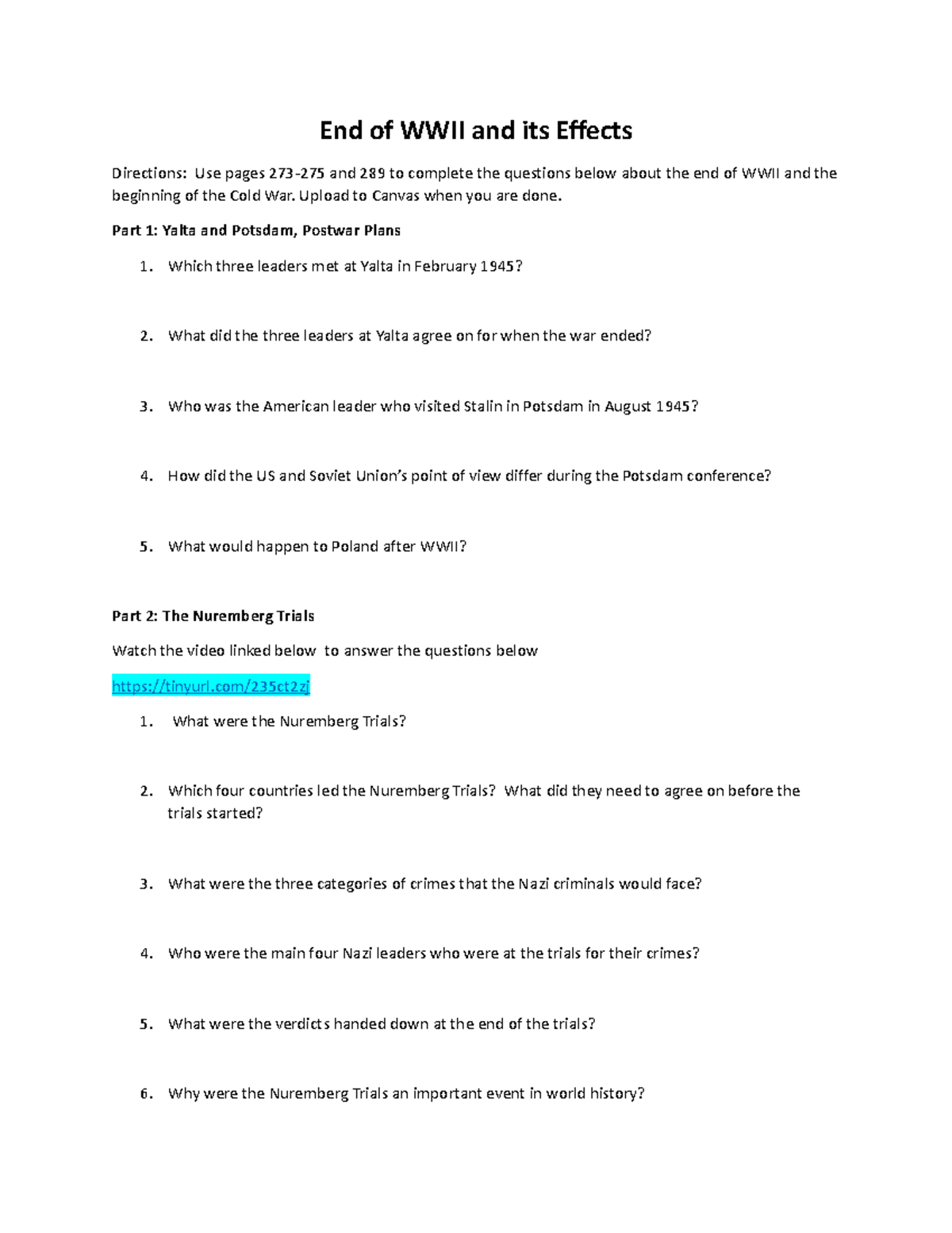 End of WWII and its Effects - End of WWII and its Effects Directions ...