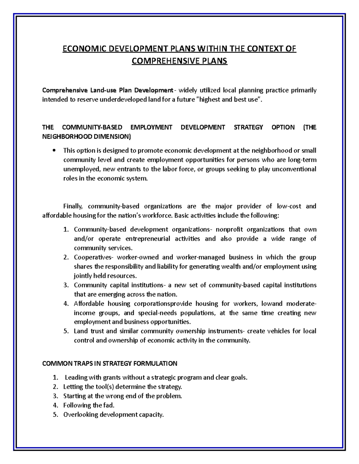 Economic Development Plans Within THE Context OF Comprehensive Plans ...