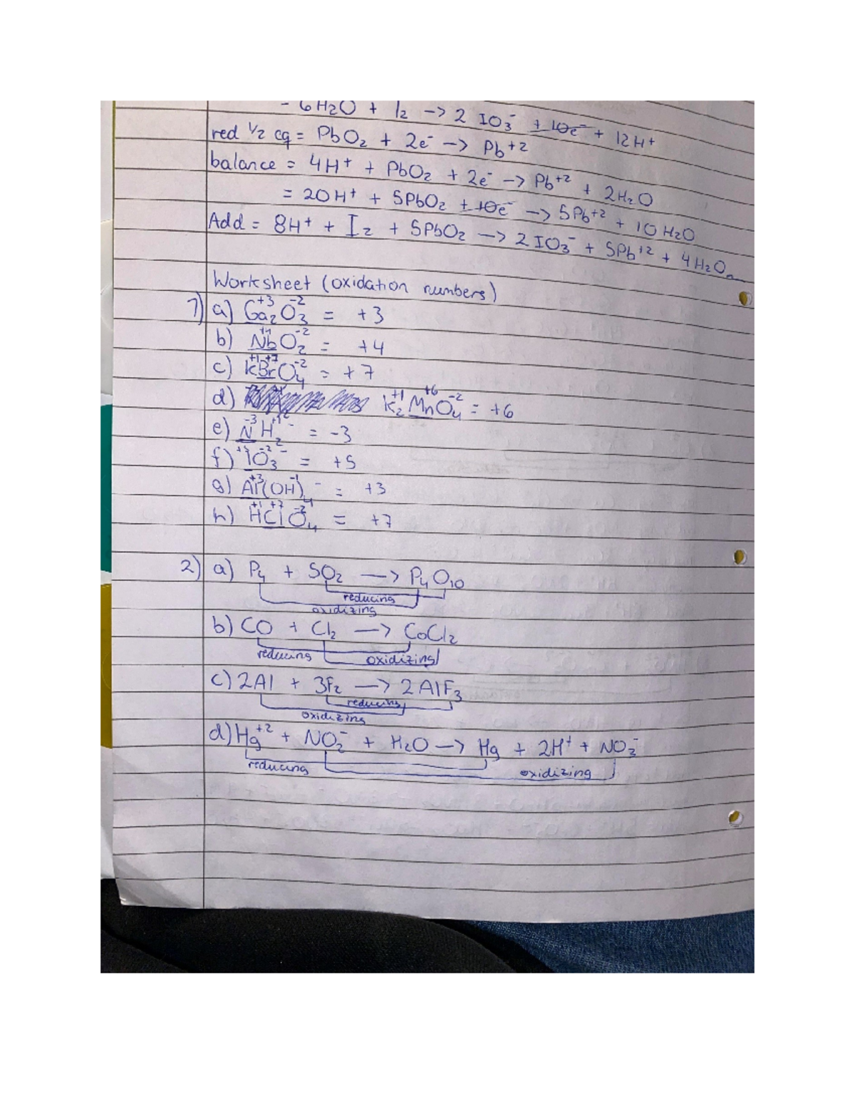 workshet oxidation - 6H20 12 red cq PbO2 2 IO3 10e balance PbO2 2e ...