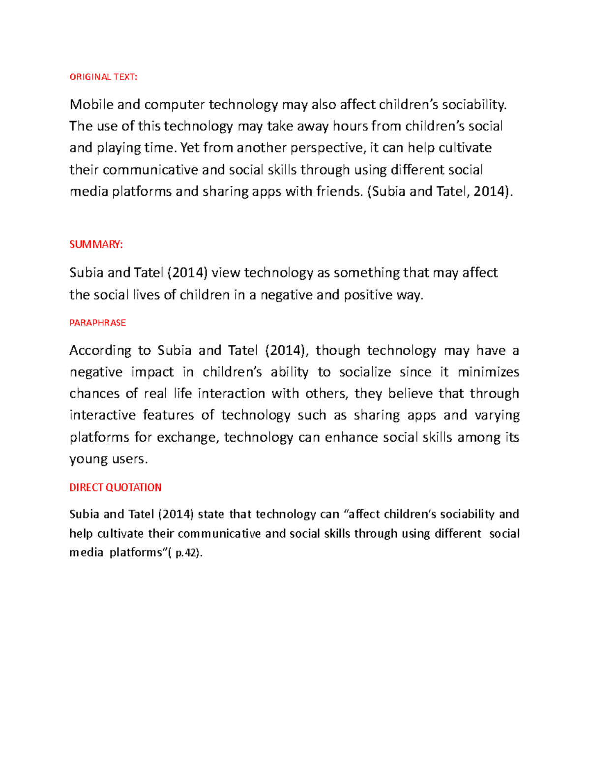 Parapahrasing Summarizing and direct quotation Samples - ORIGINAL TEXT ...