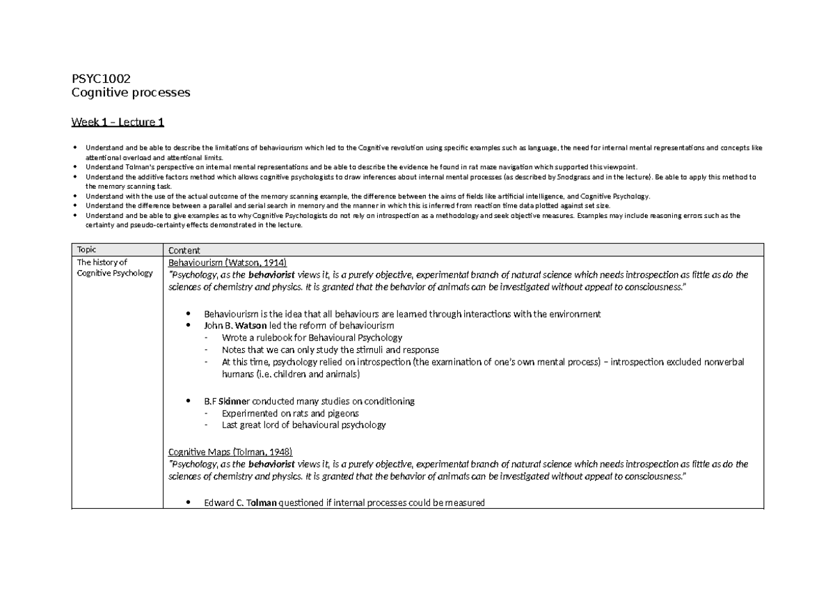 PSYC1002 Week 1 - PSYC Cognitive processes Week 1 – Lecture 1 ...