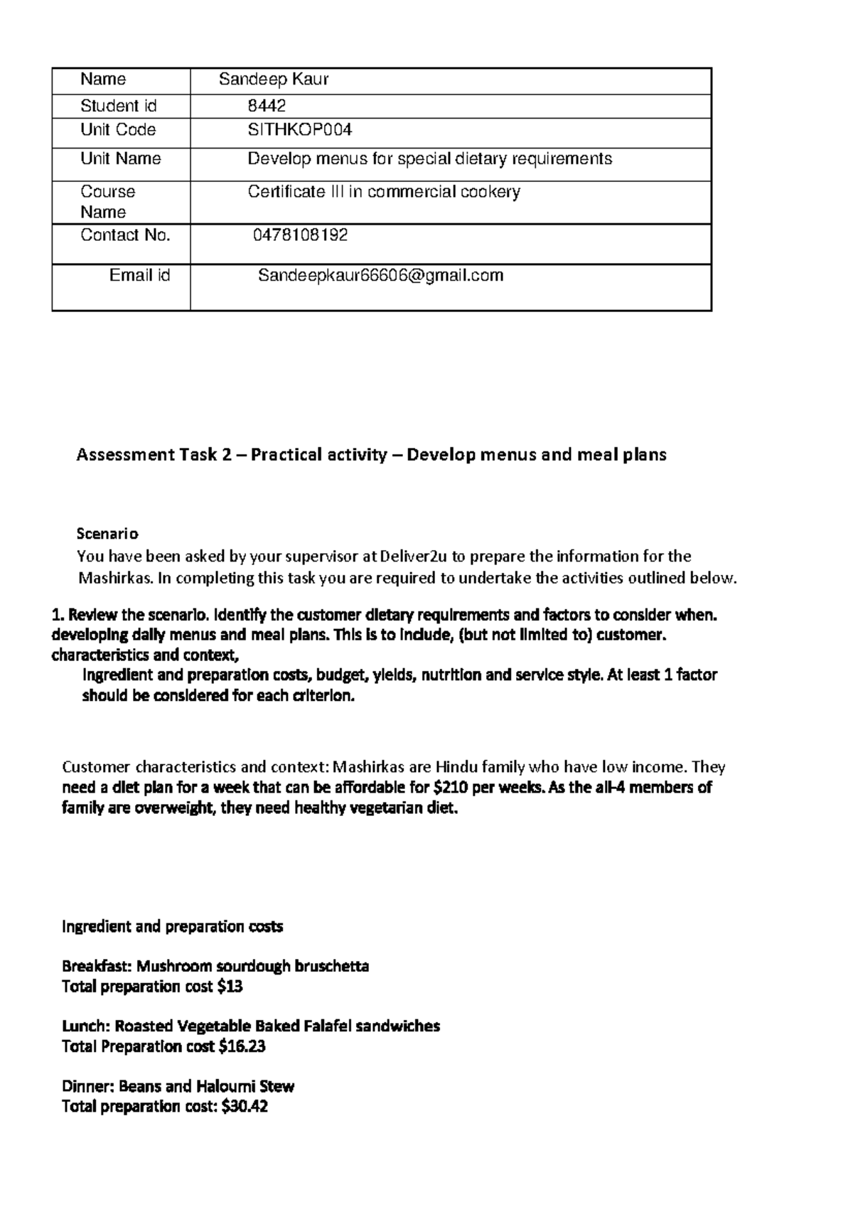 Menu planning - ASSIGNMENT - Assessment Task 2 – Practical activity ...