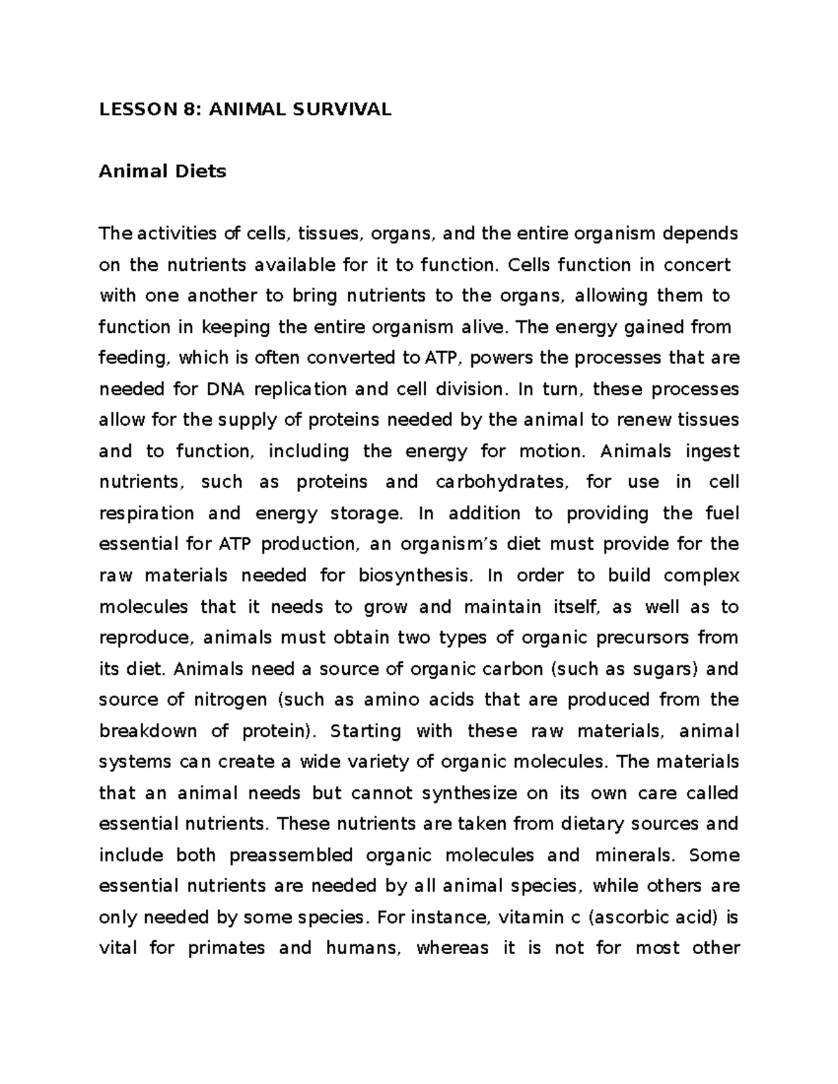 Earth LIFE Science ( Lesson 8-9) - LESSON 8: ANIMAL SURVIVAL Animal ...