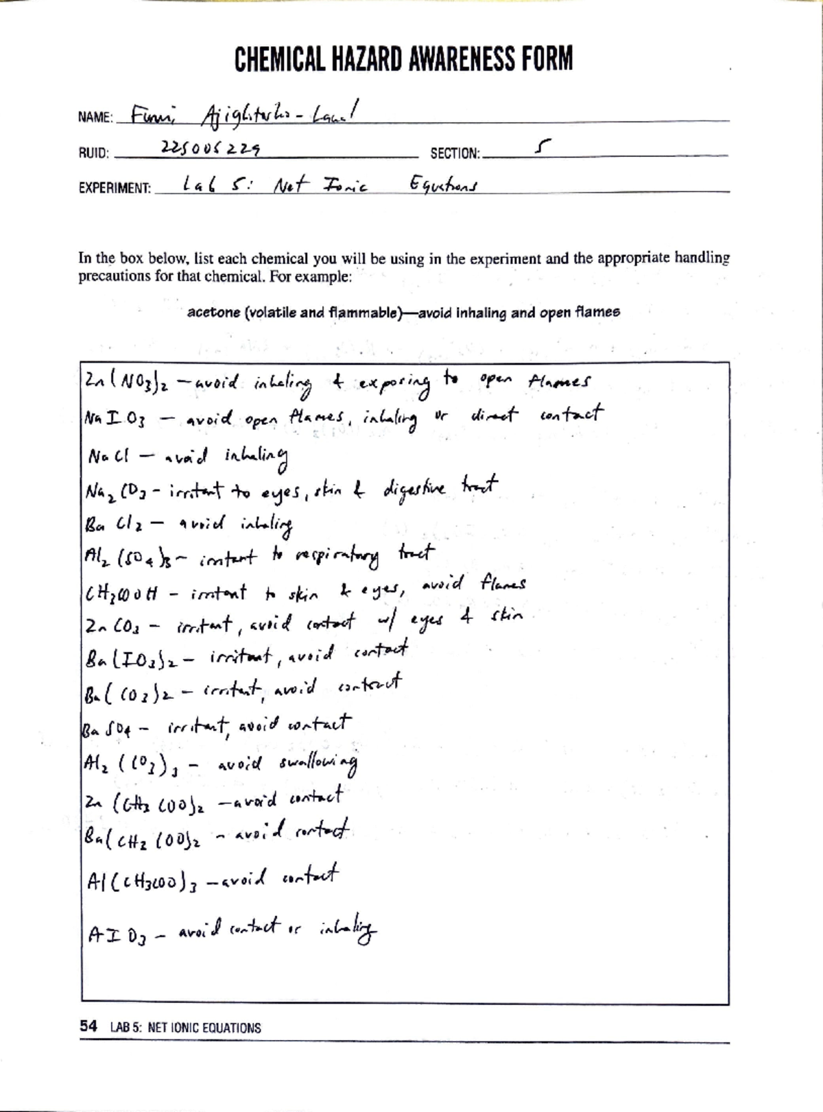 Chemlab 5 - CHEMICAL HAZARD AWARENESS FORM NAME: Funn, RUID: 225005229 ...