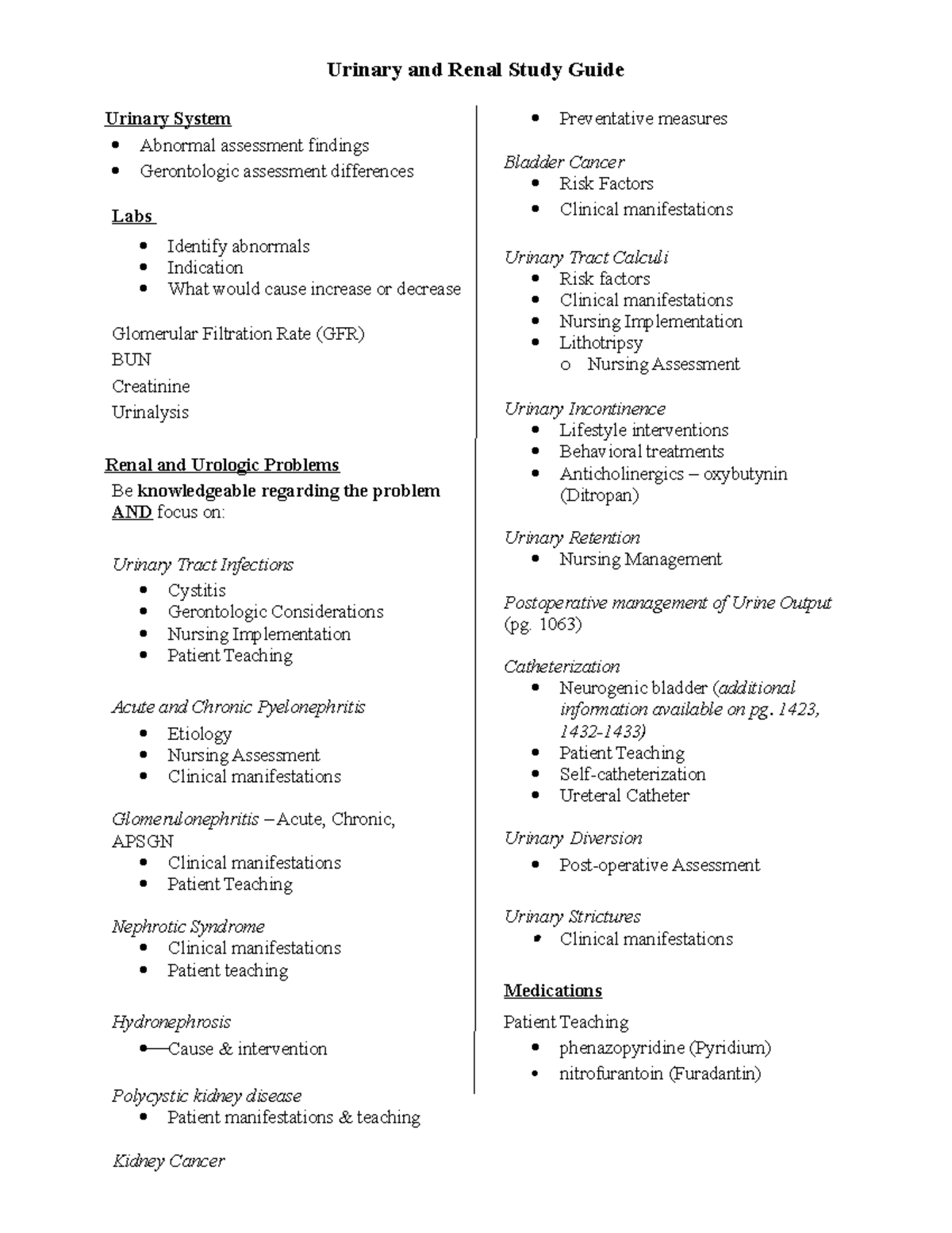 Urinary and Renal Study Guide Fall 2023 - Urinary and Renal Study Guide ...